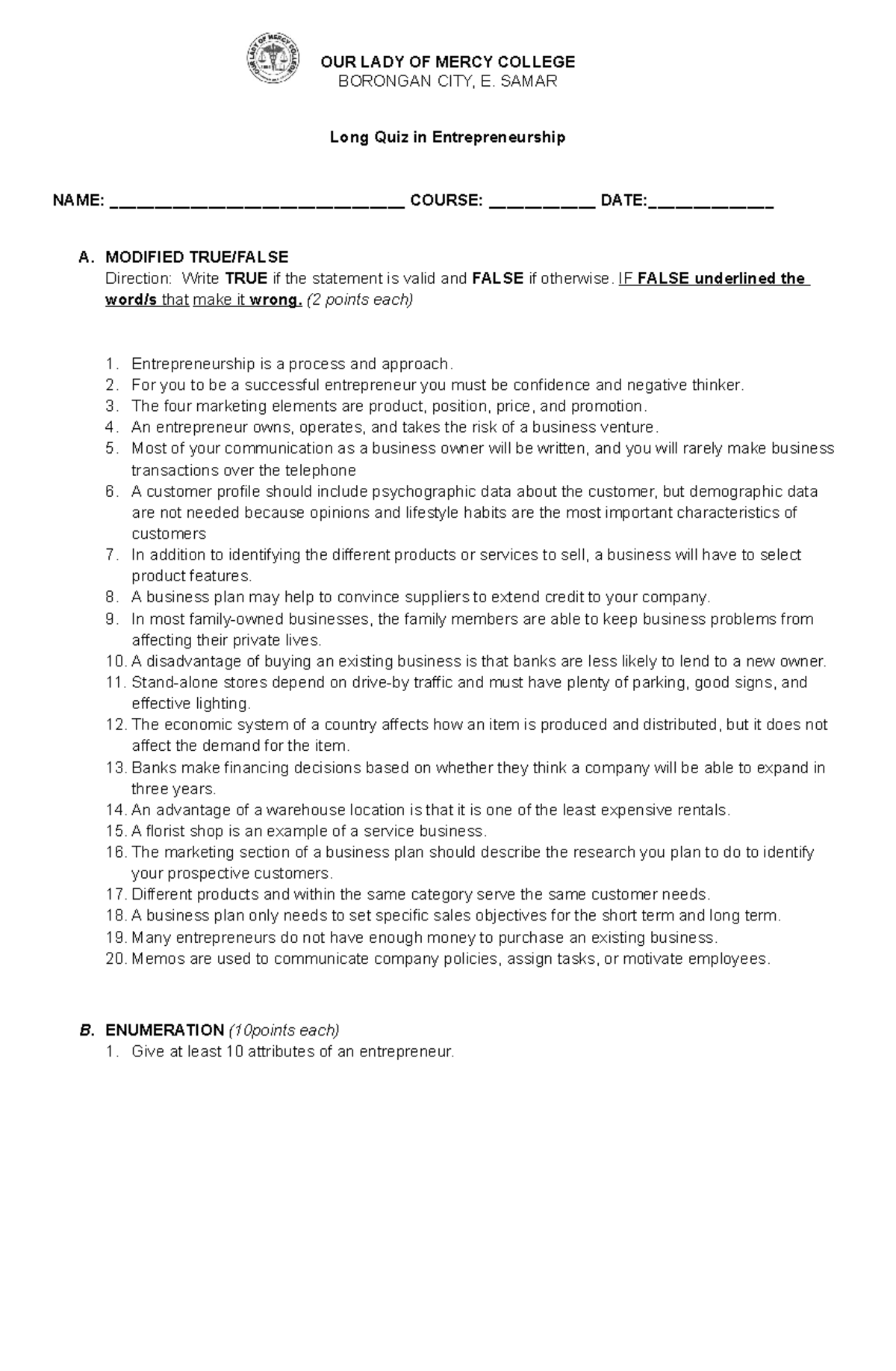 Entrep Long Quiz - PRACTICE MATERIALS - OUR LADY OF MERCY COLLEGE ...