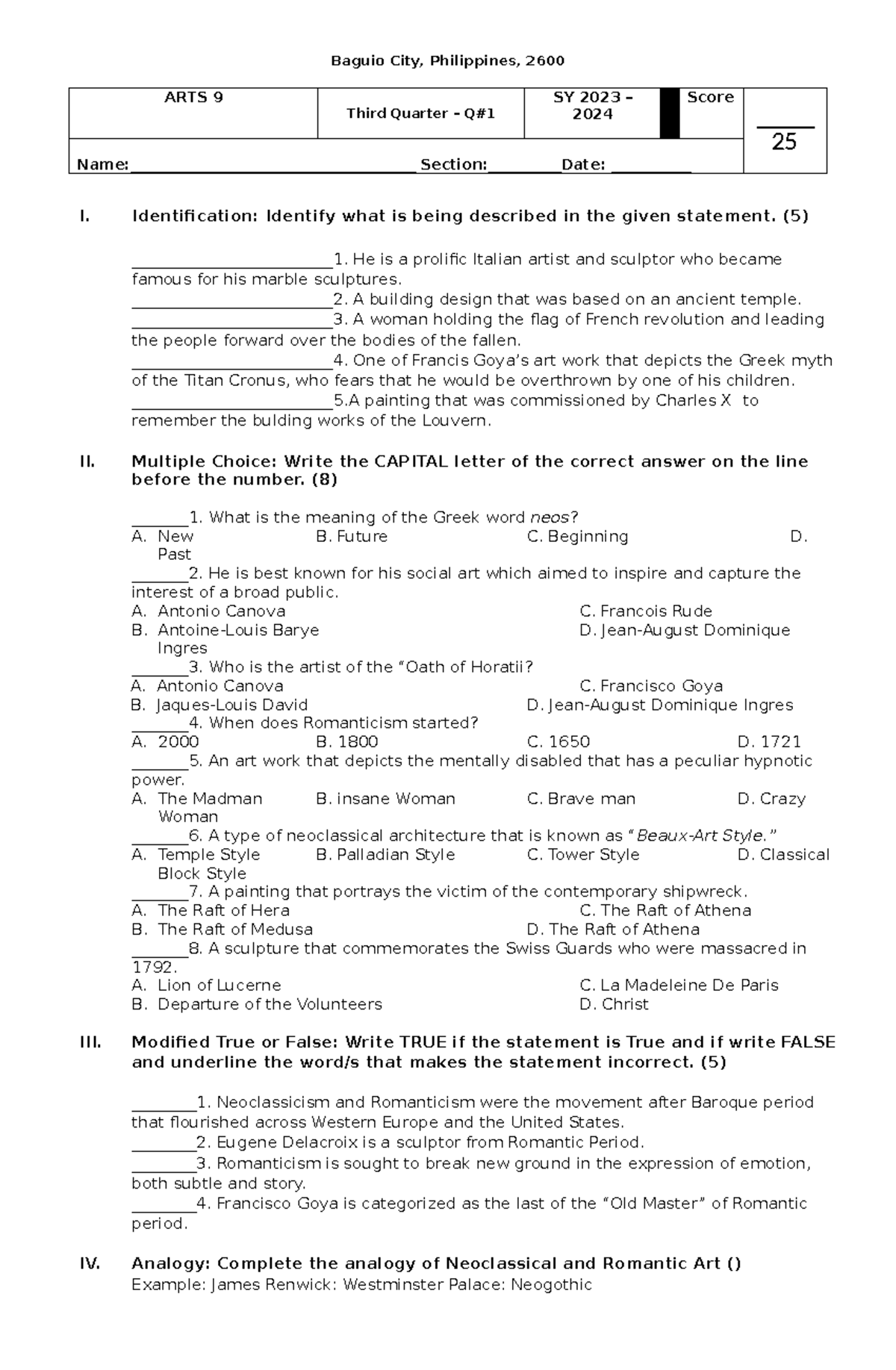 Arts 9- Quiz 1 - Quiz questions in ARTS 9 - Baguio City, Philippines, 2600 ARTS 9 Third Quarter ...