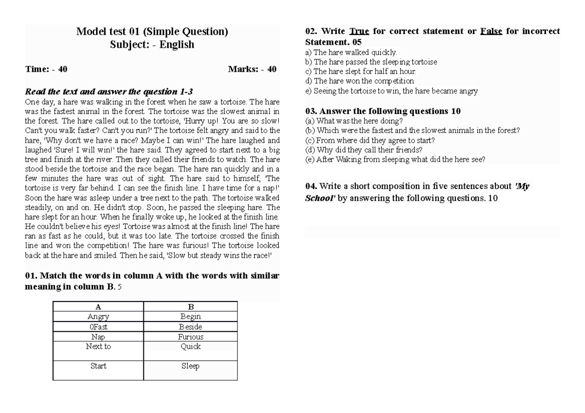 Model test 01 - ADFHTY - Model test 01 (Simple Question) Subject ...
