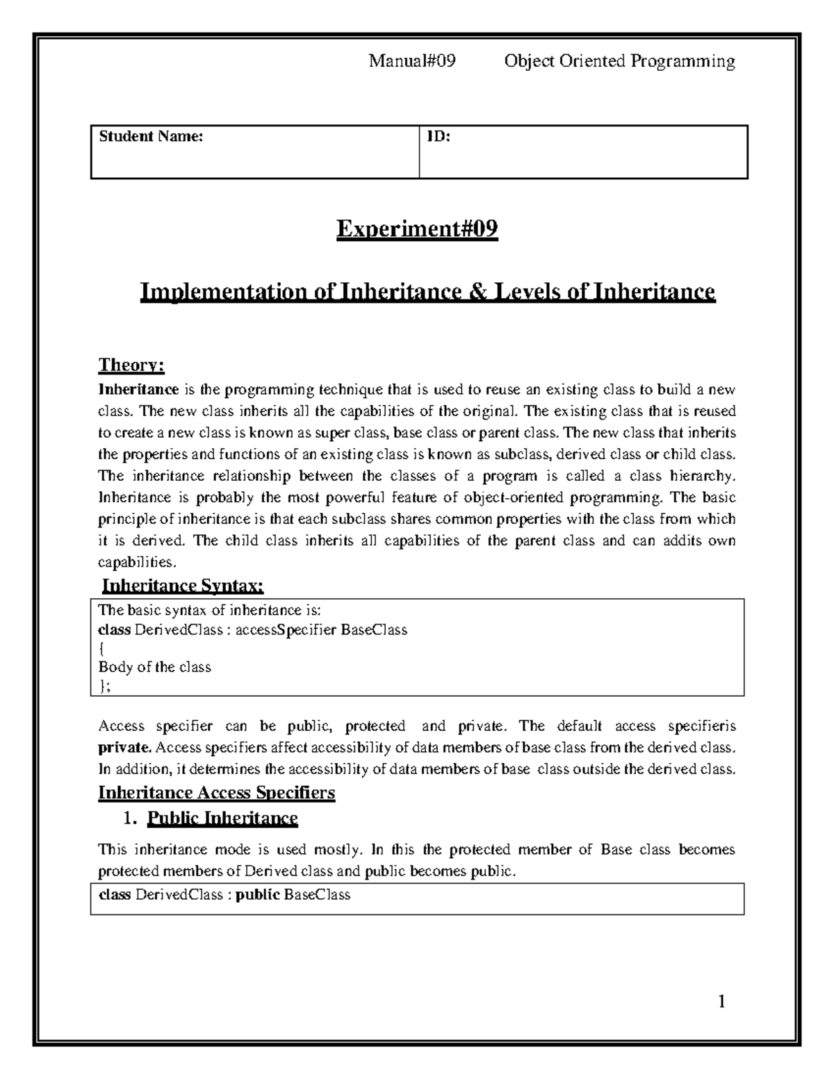 Lab 9 - Lab Manual - Student Name: ID: Experiment# Implementation of Inheritance & Levels of ...