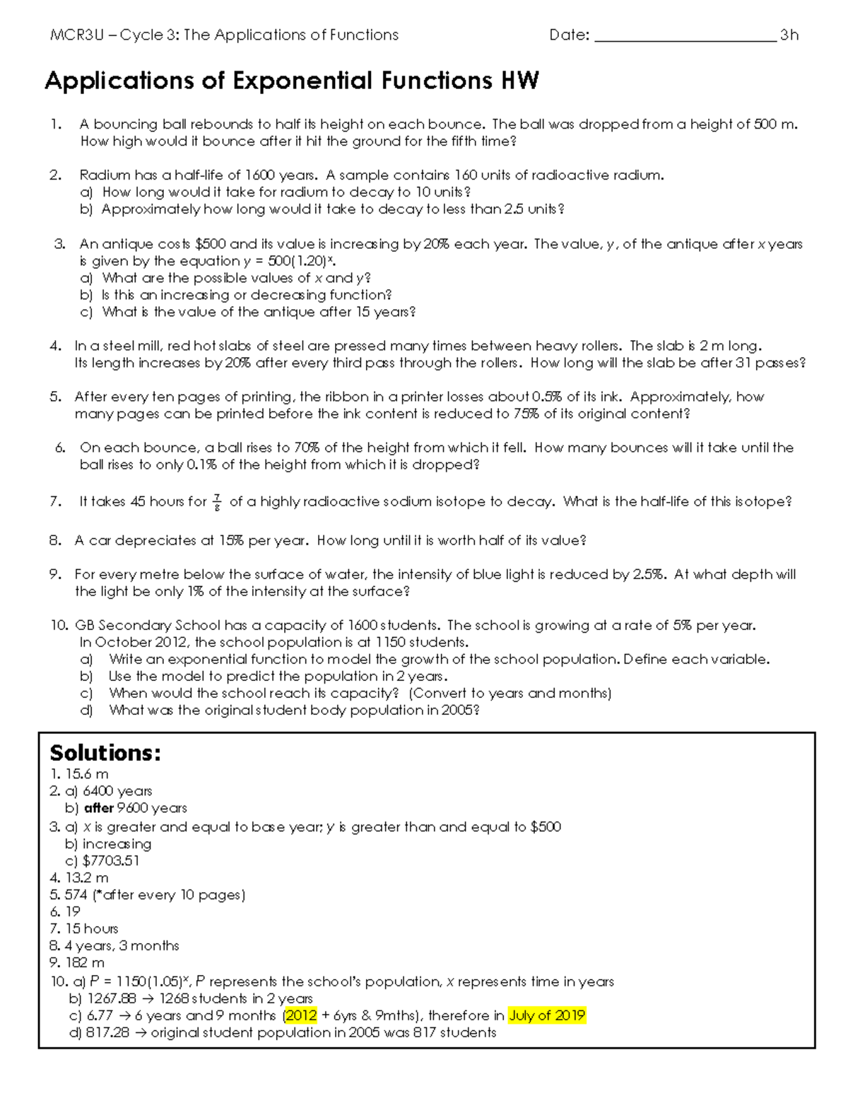 C3 3h Applications Of Exponential Functions Hw Mcr3u Cycle 3