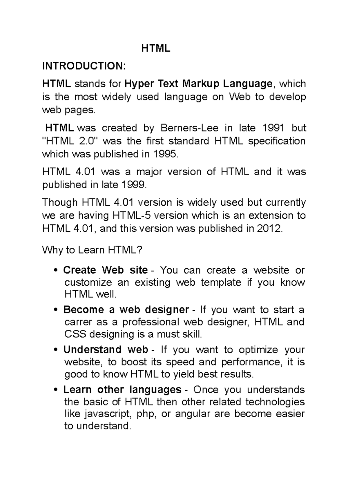 WEB Technology UNIT 1 CA - HTML INTRODUCTION: HTML stands for Hyper ...