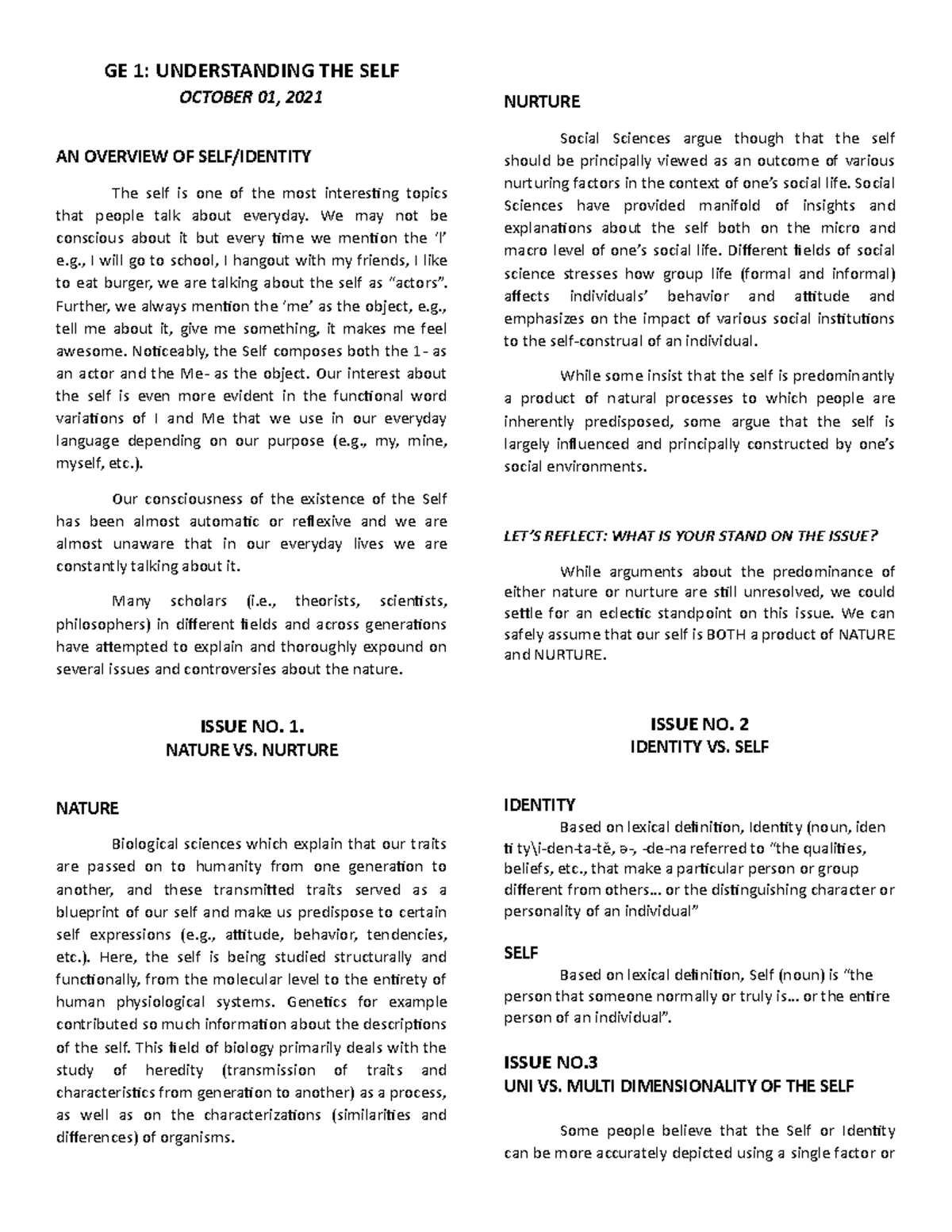 UNDERSTANDING THE SELF - GE 1: UNDERSTANDING THE SELF OCTOBER 01, 2021 ...