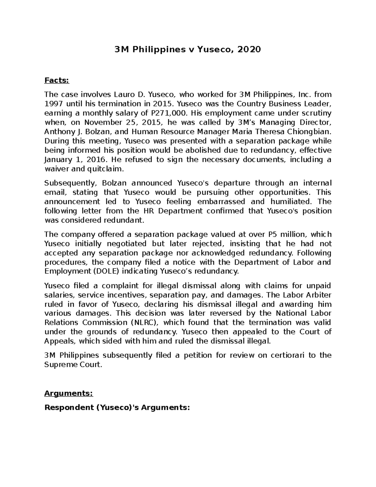 3M Philippines v Yuseco case digest (Discussion on redundancy) - 3M ...