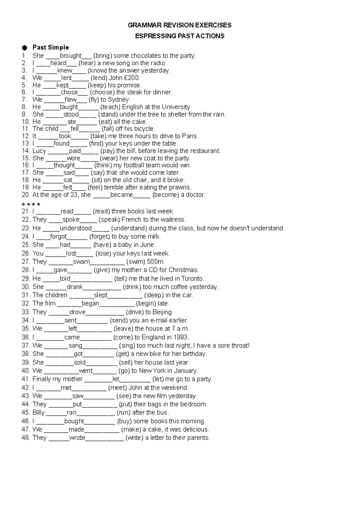 Grammar Revision Ex past simple continuous perfect - GRAMMAR REVISION ...