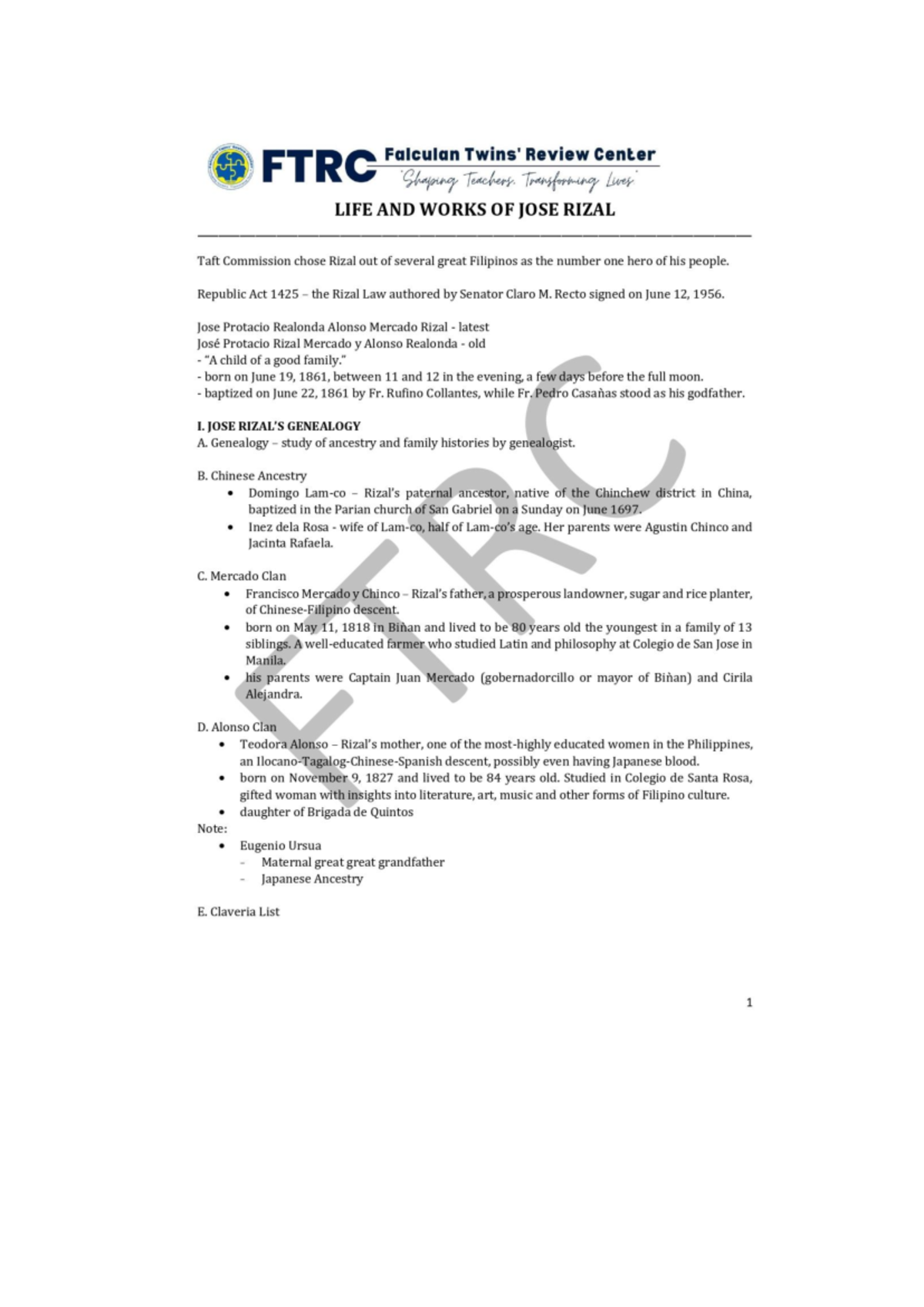 LIFE-AND- Works - FTRC Falculan Review Center Shaping Teachers ...