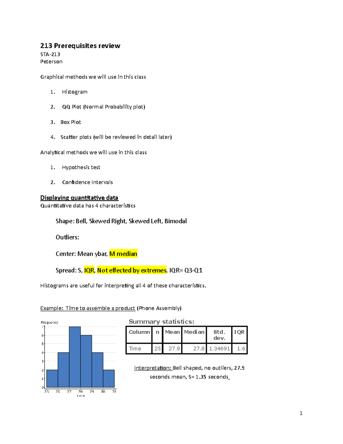 213 Prerequisite review - 213 Prerequisites review STA-213 Peterson ...