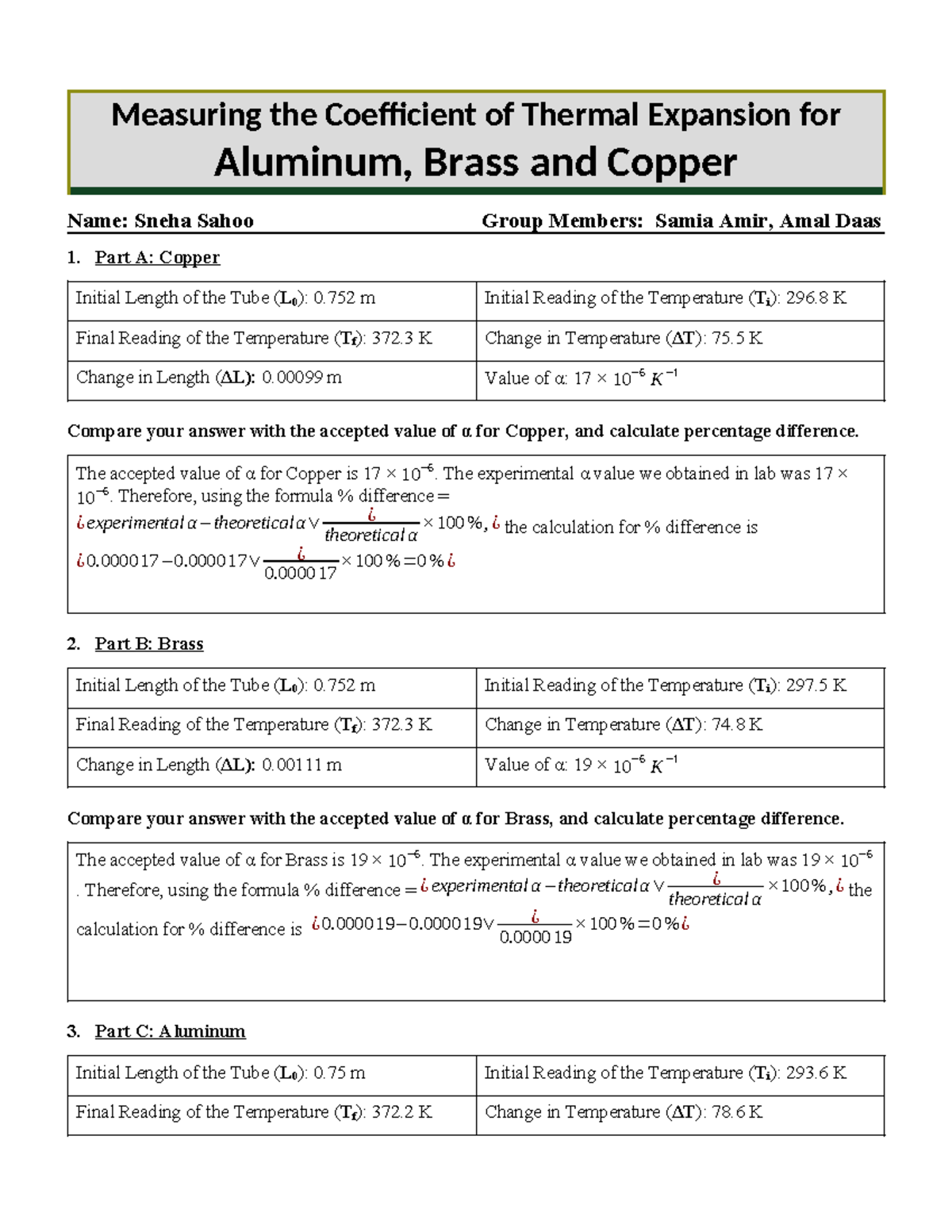 Thermal Expansion Worksheet - Measuring the Coefficient of Thermal ...