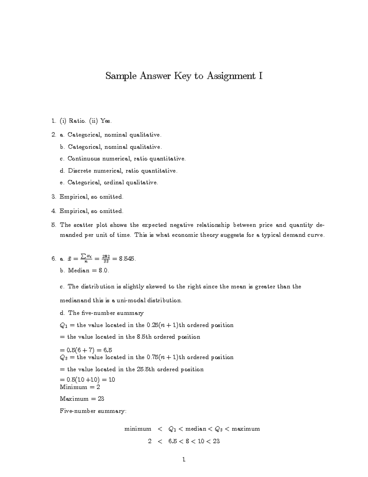 Assignment I AK - Sample Answer Key to Assignment I (i) Ratio. (ii) Yes ...