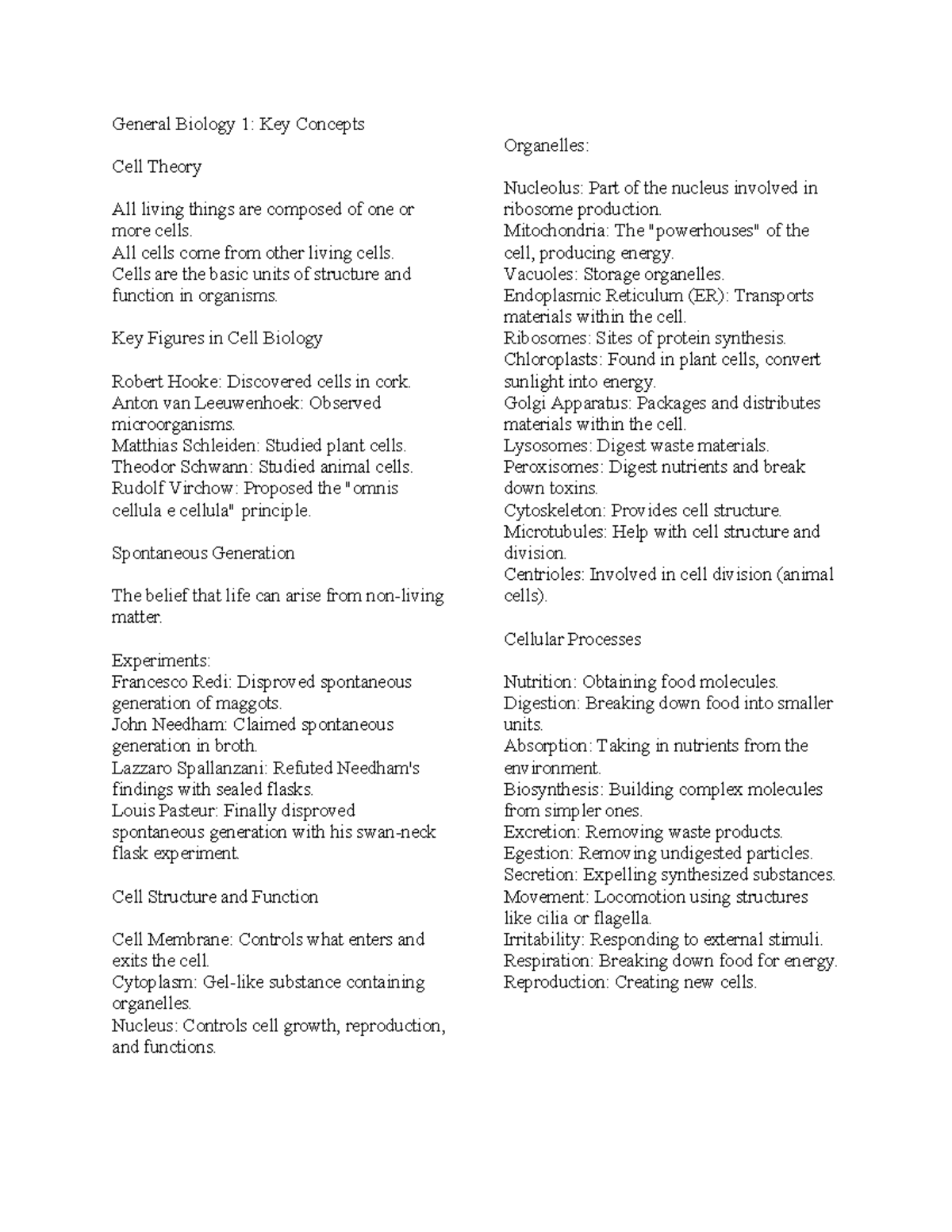 General Biology 1 Q1 - reviewer - General Biology 1: Key Concepts Cell ...
