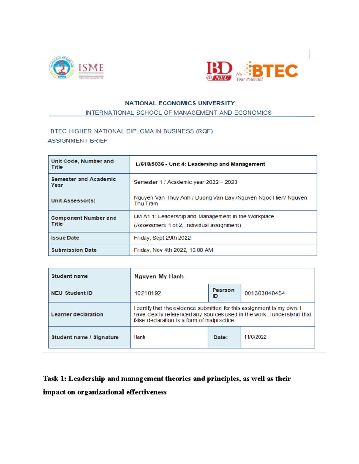 10210192 LM A1 - Pass - Task 1: Leadership and management theories and principles, as well as ...