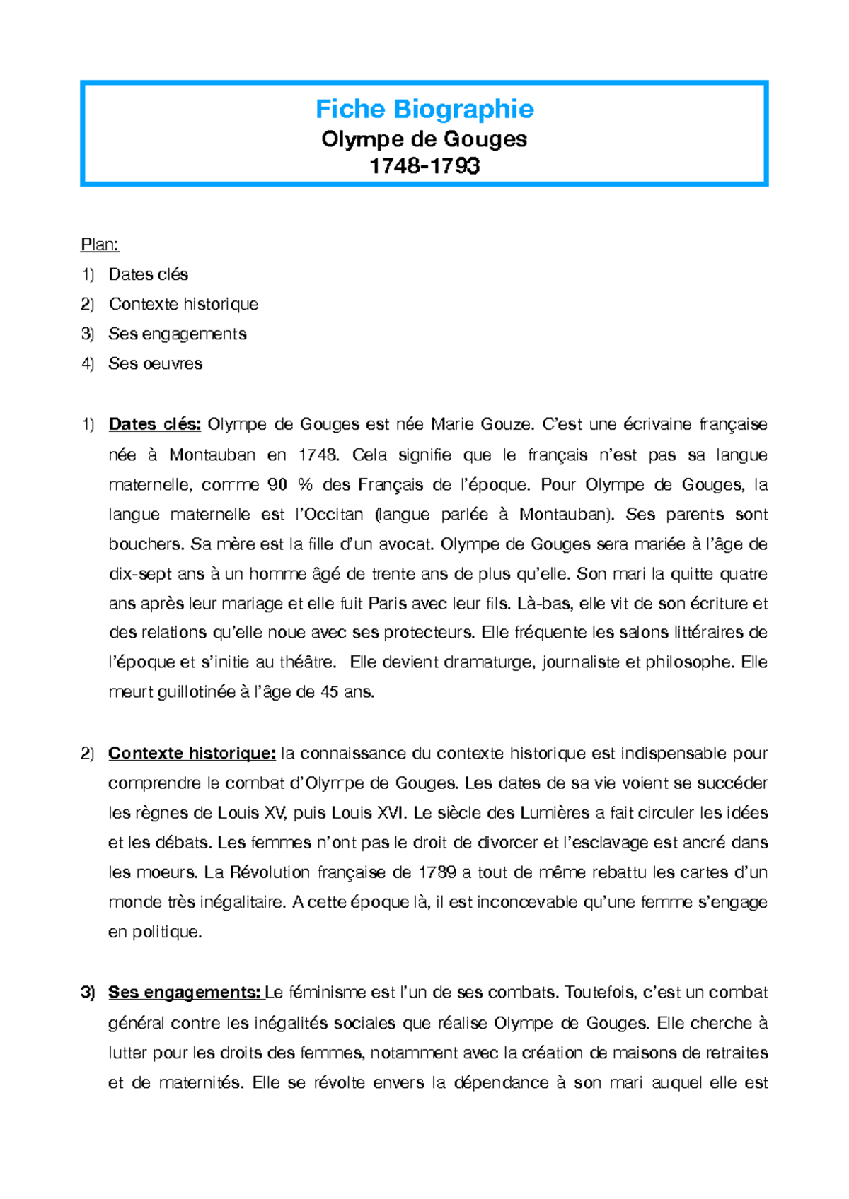 Bio ODG - BIOGRAPHIE Olympe de GOUGES - Plan: 1 ) Dates clés 2 ...