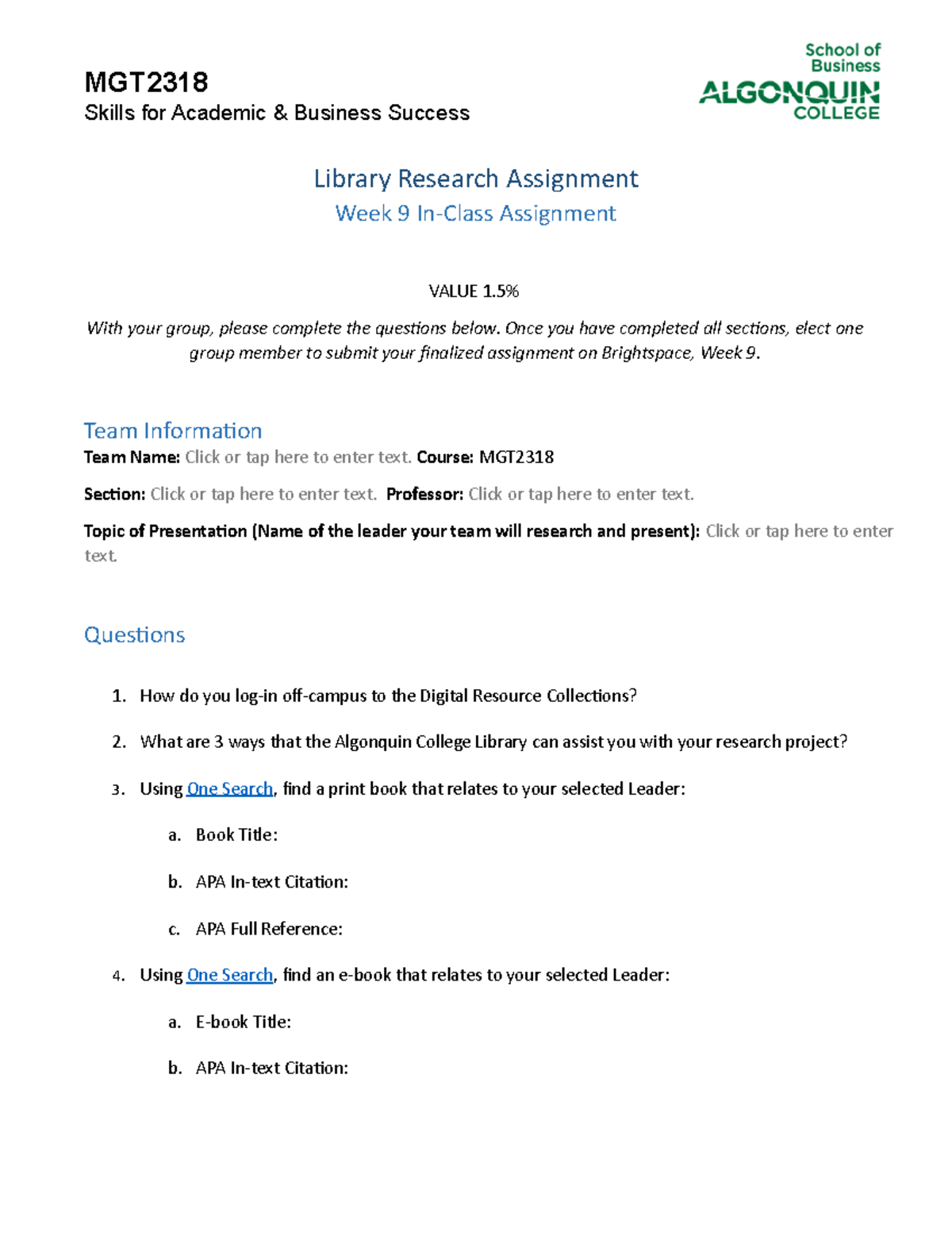 MGT2318 WK9 Library Research Assignment - MGT Skills for Academic ...