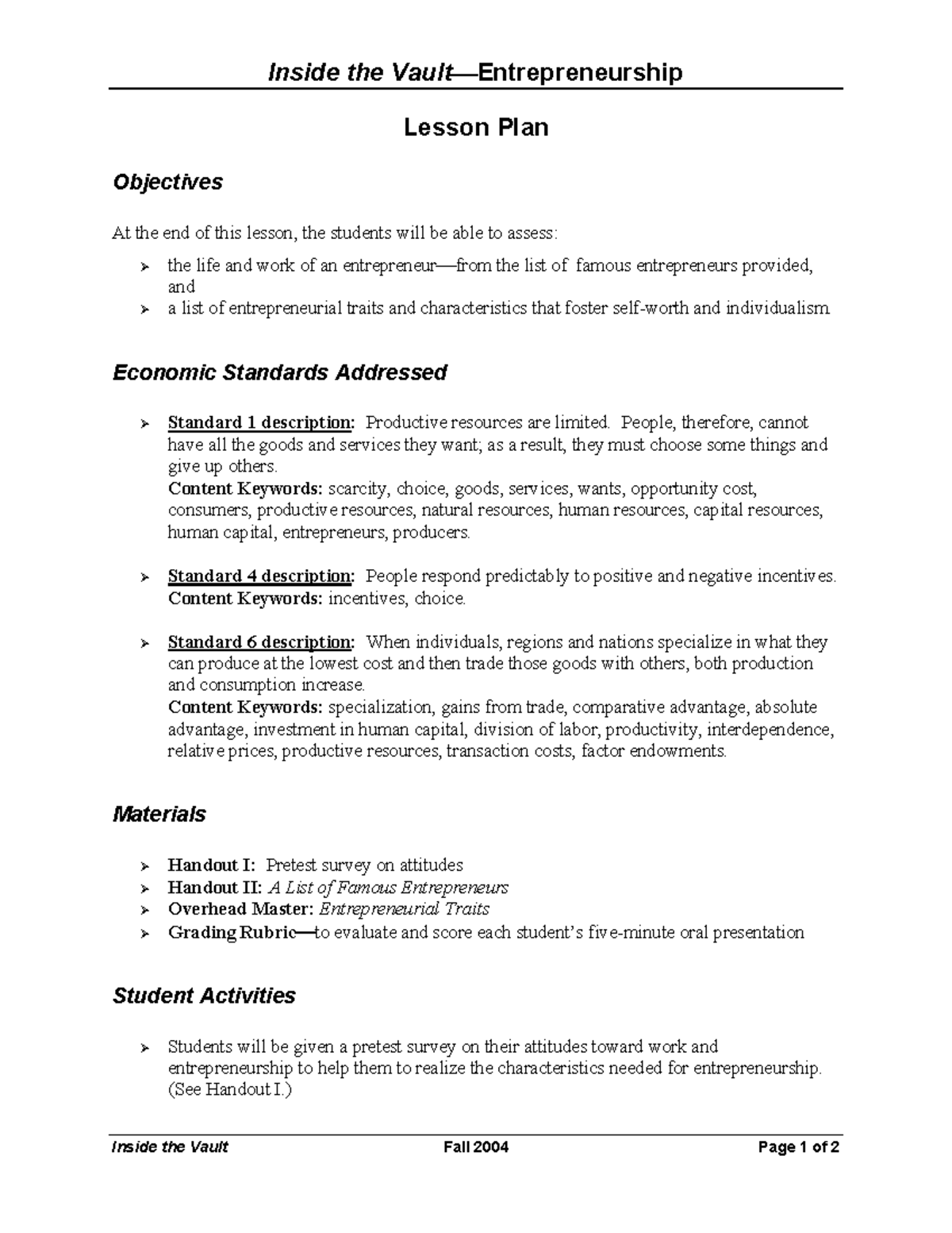 Entrepreneurship - ABM Entrep Module - Lesson Plan Objectives At the ...