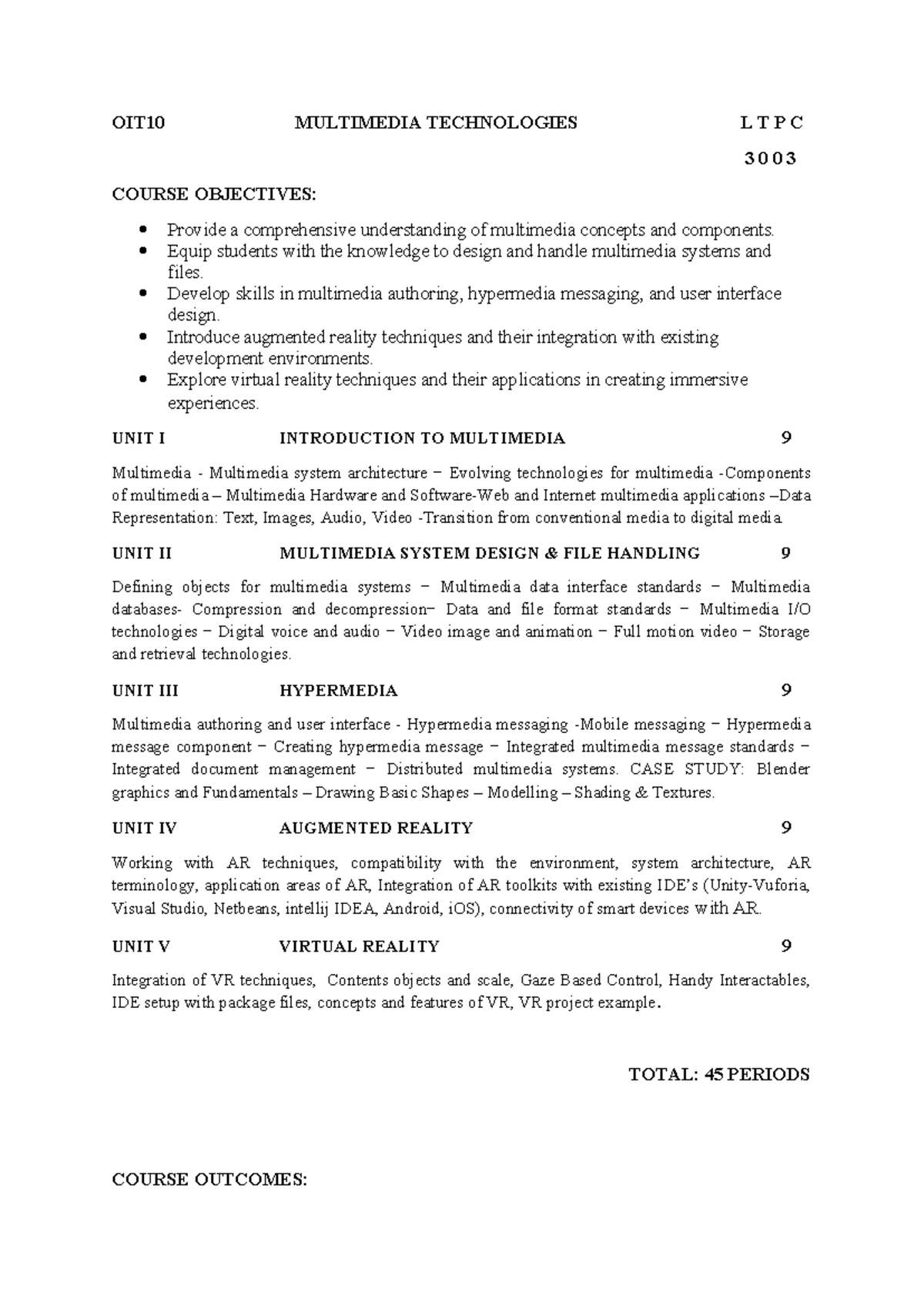 Multimedia technologies syllabus - OIT10 MULTIMEDIA TECHNOLOGIES L T P ...
