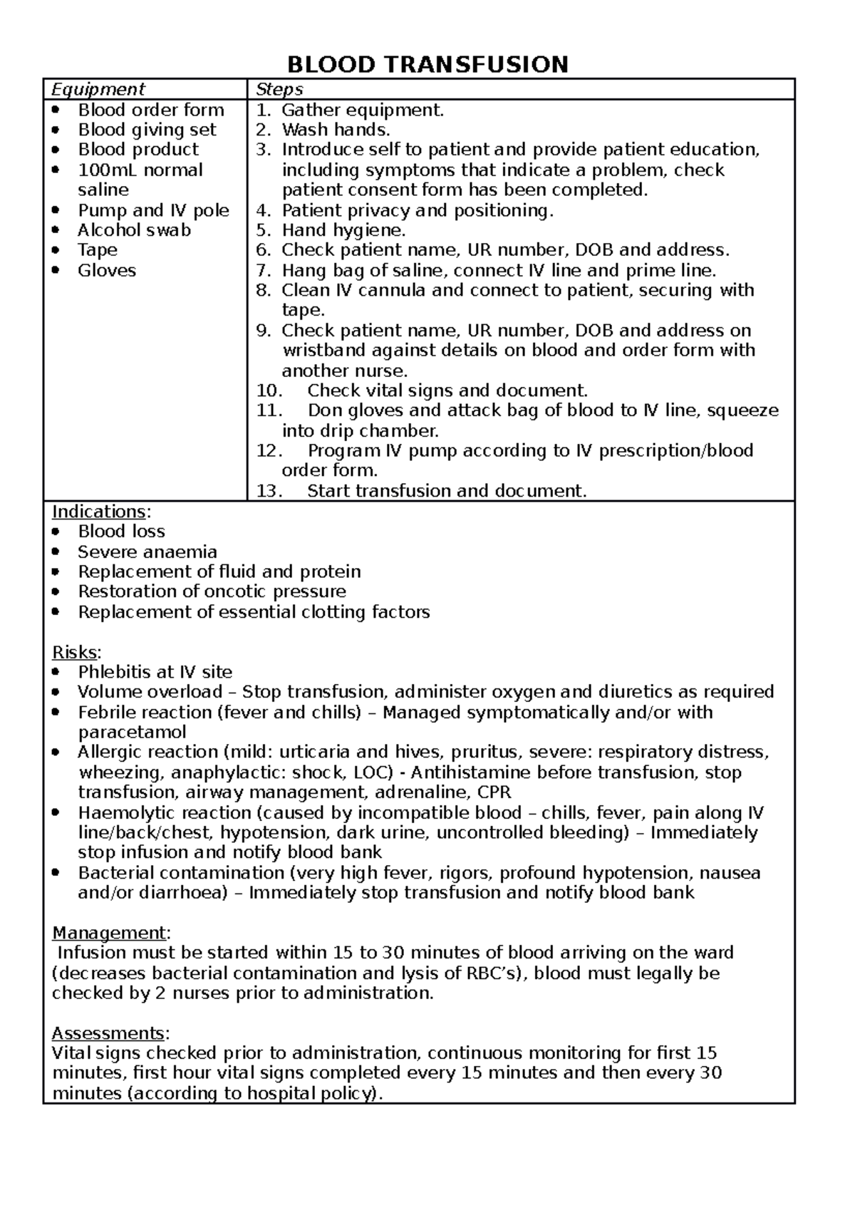 HNN227 Hurdle Notes - BLOOD TRANSFUSION Equipment Steps Blood order ...