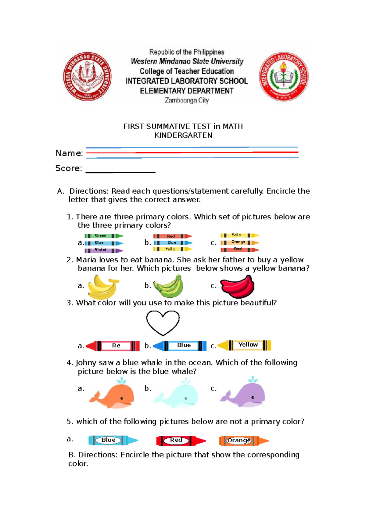 Summative TEST IN MATH - ............... - FIRST SUMMATIVE TEST in MATH ...