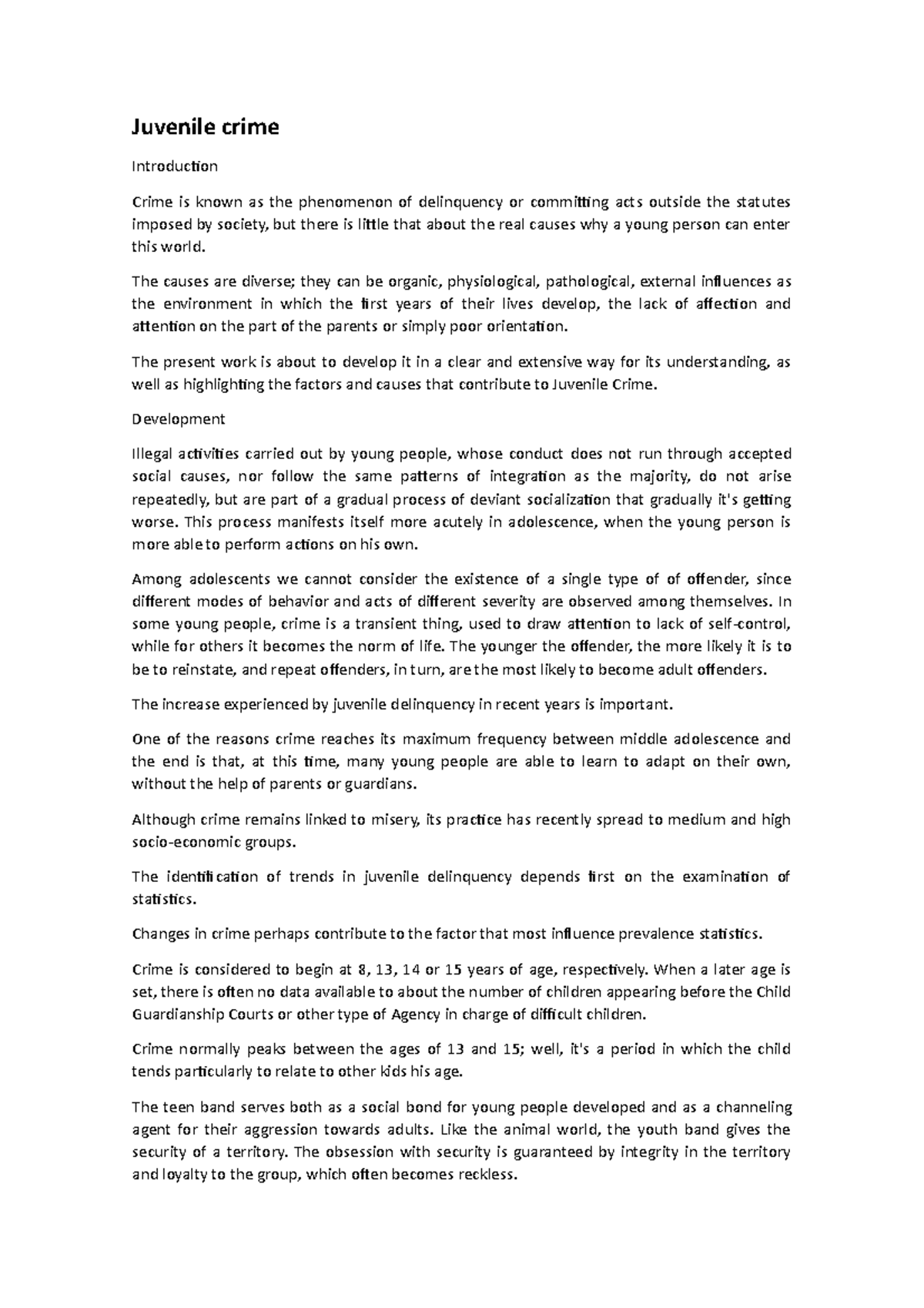 Juvenile crime - Lecture notes 3 - Juvenile crime Introduction Crime is ...