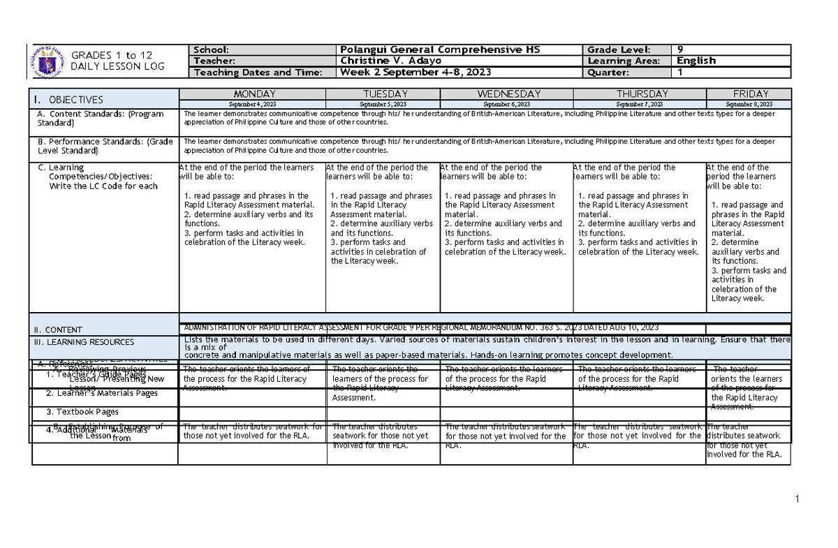 Dll grade 9 sept 4 8 2023 - Lesson plan in English - GRADES 1 to 12 ...