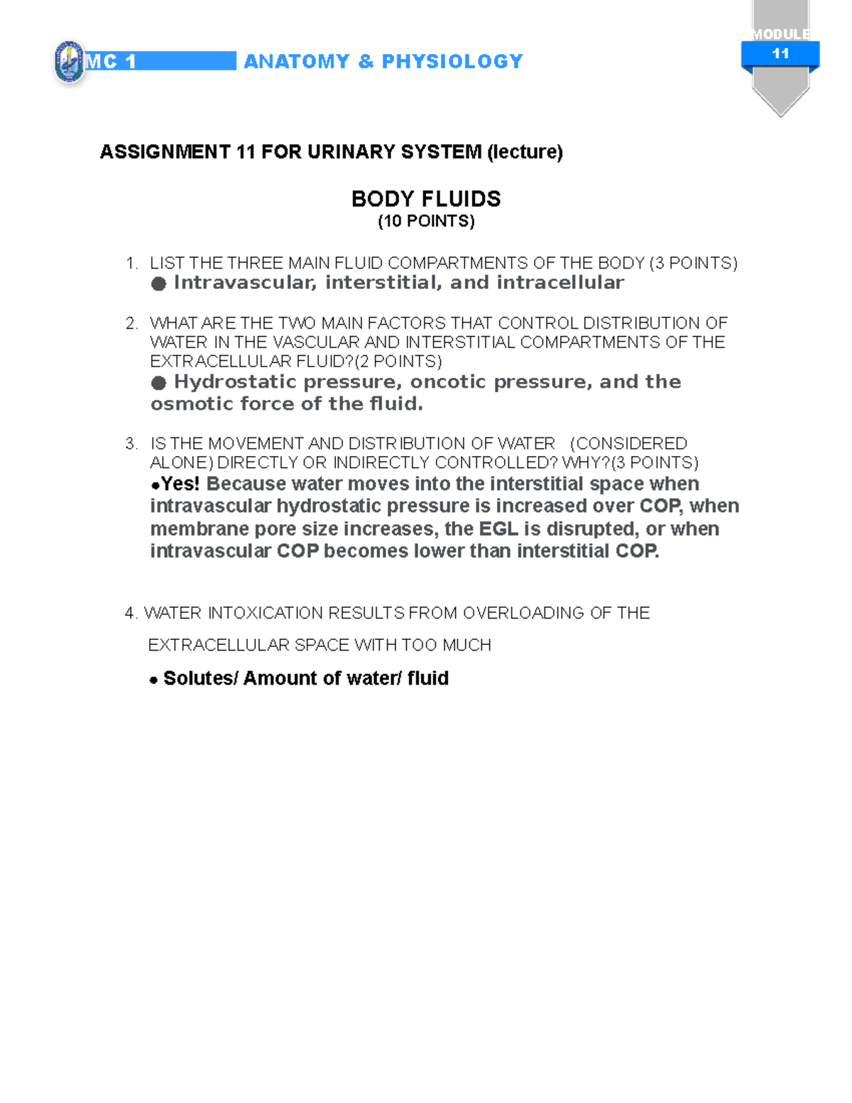 Jack Solomon - MC 1- Assignment FOR Urinary System - MC 1 ANATOMY & PHYSIOLOGY MODULE 11 - Studocu