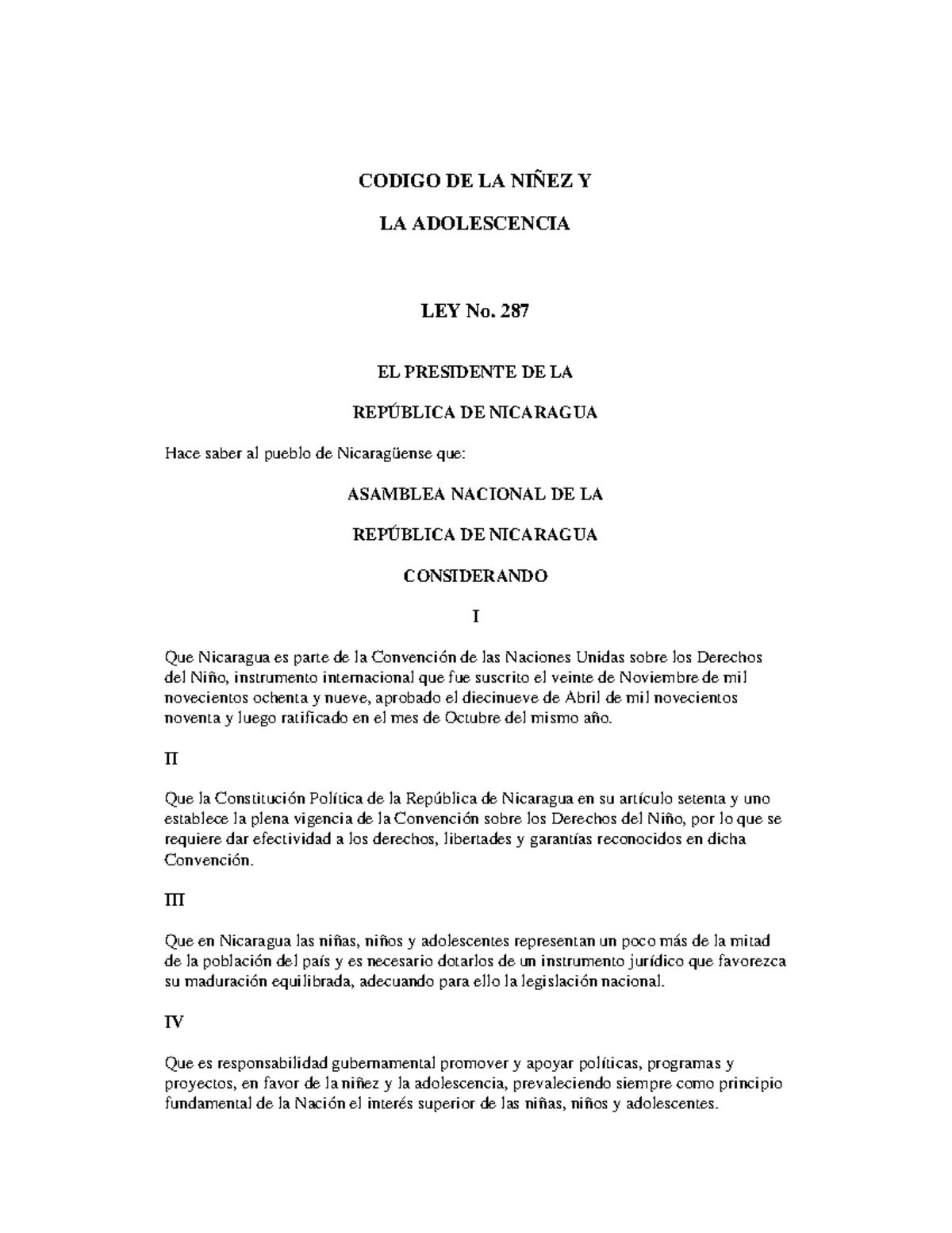Codigo de la ninez y la adolescencia nicaragua - CODIGO DE LA NIÑEZ Y LA ADOLESCENCIA LEY No ...