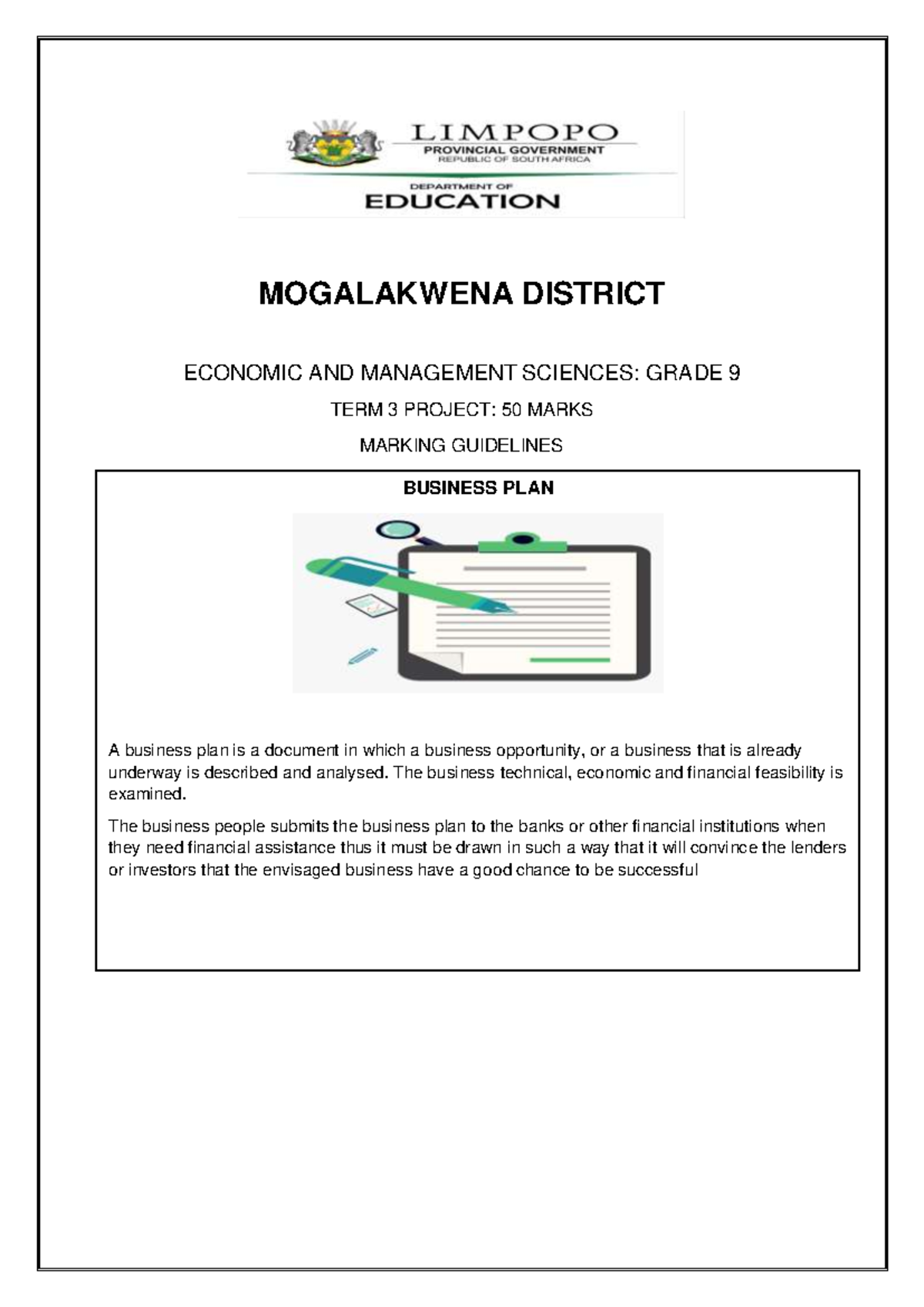 Grade 9 Project Business Plan Marking guideline - MOGALAKWENA DISTRICT ...