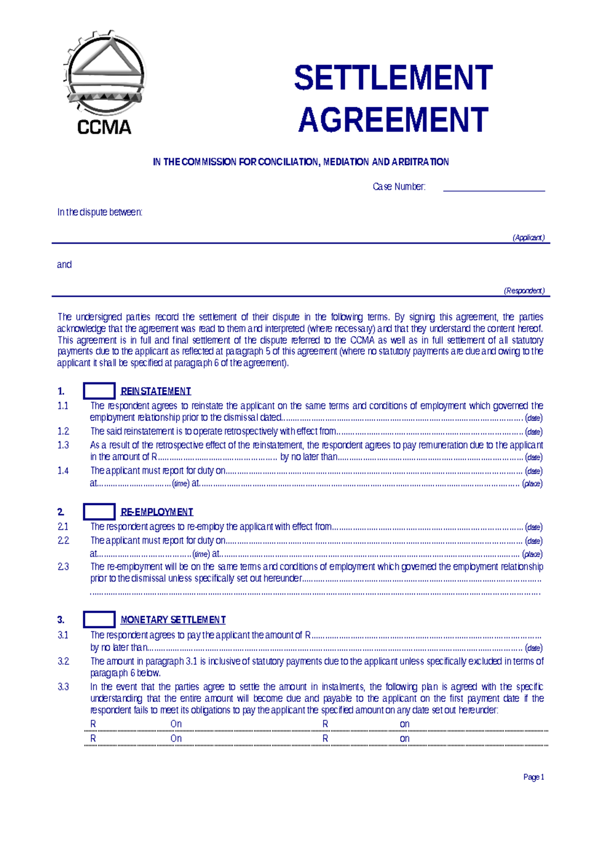 CCMA Settlement agreement doc - SETTLEMENT AGREEMENT IN THE COMMISSION ...