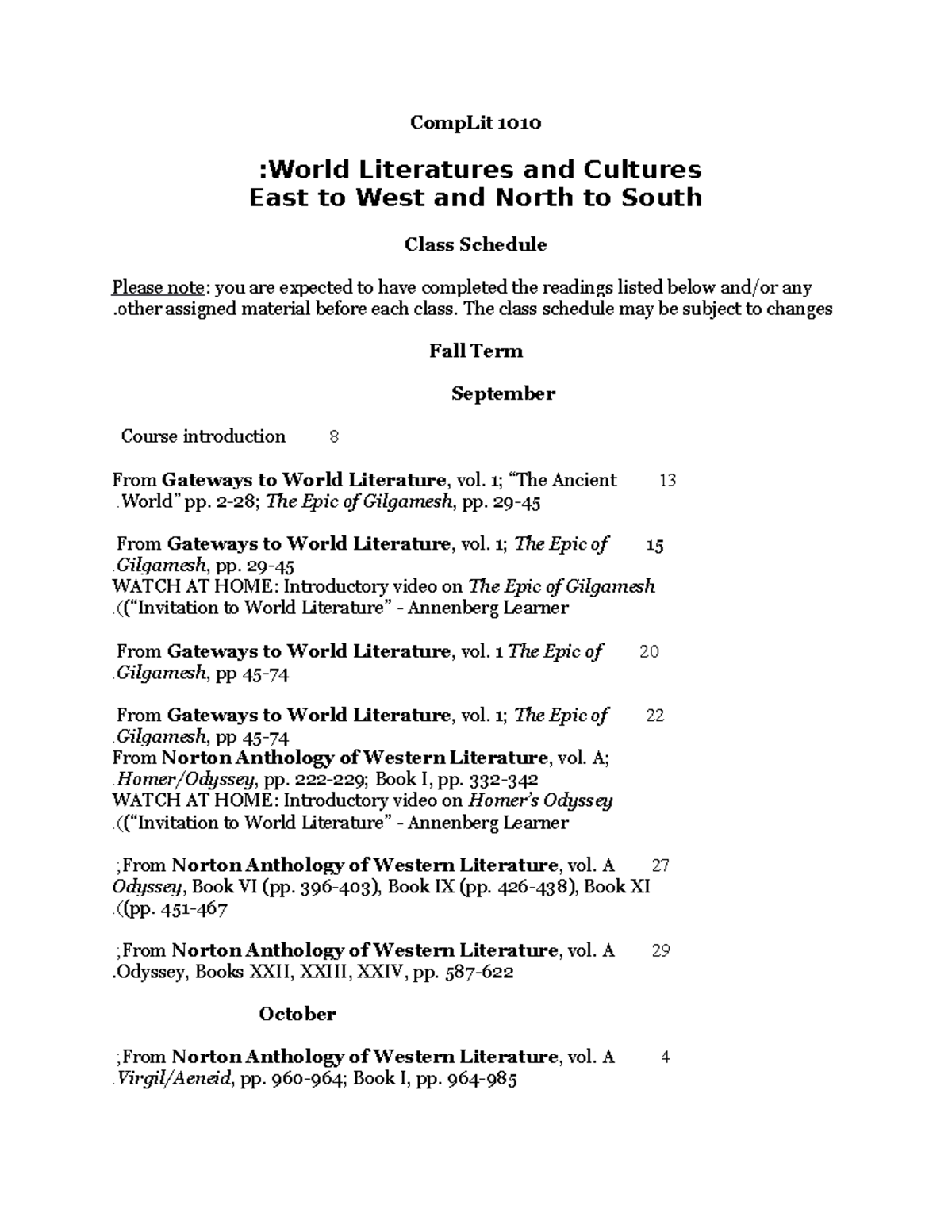 Class Schedule - CompLit 1010 : World Literatures and Cultures East to ...