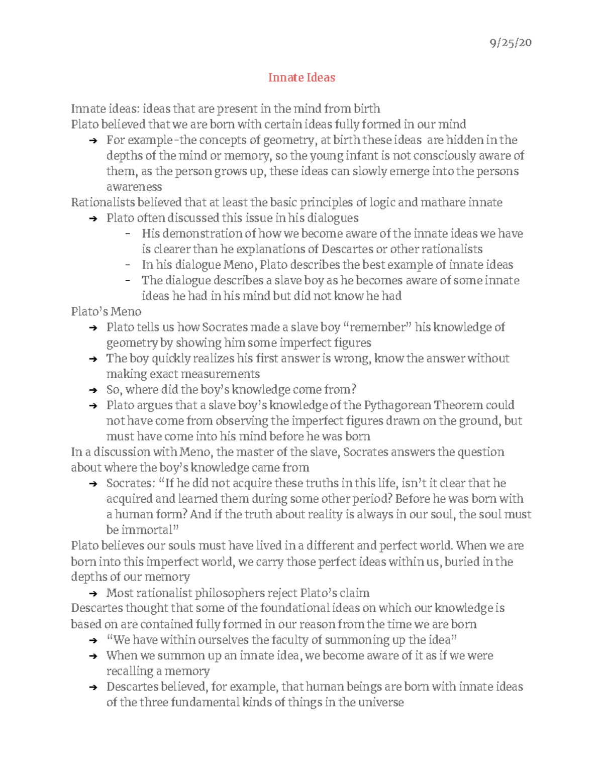 Innate Ideas - chapter notes - 9/25/ Innate Ideas Innate ideas: ideas ...