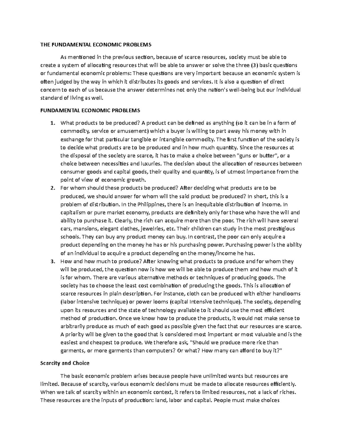 THE Fundamental Economic Problems - THE FUNDAMENTAL ECONOMIC PROBLEMS ...