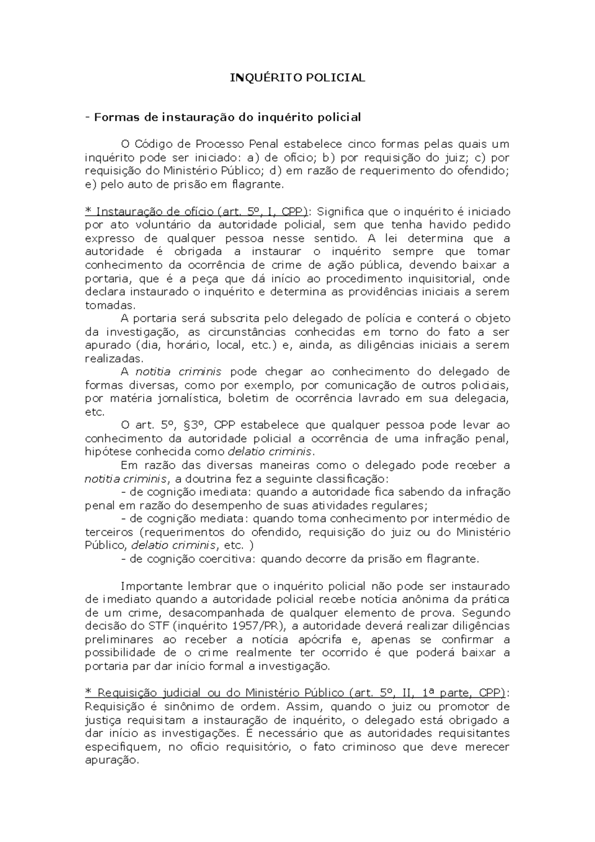 Formas De Instauração De Inquerito Policial - RETOEDU