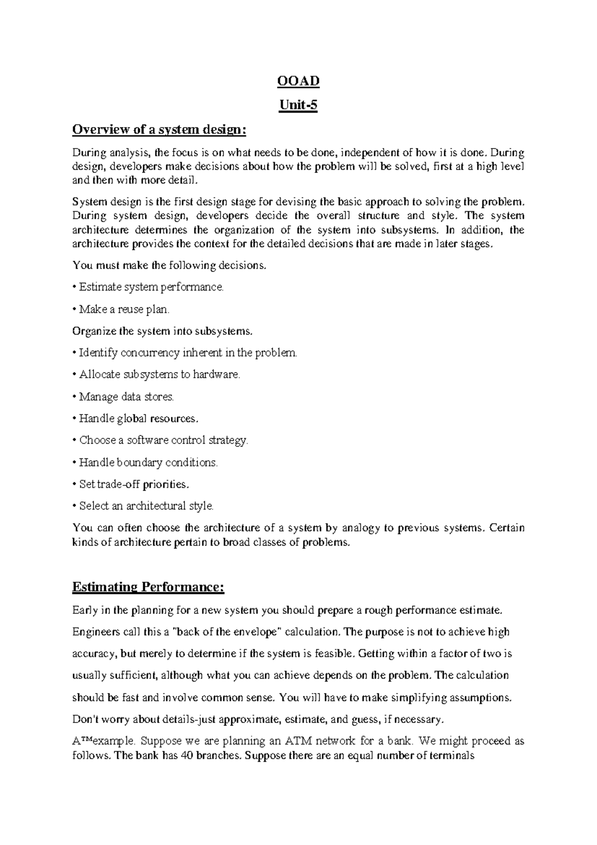 OOAD Unit-5 notes - OOAD Unit- 5 Overview of a system design: During ...