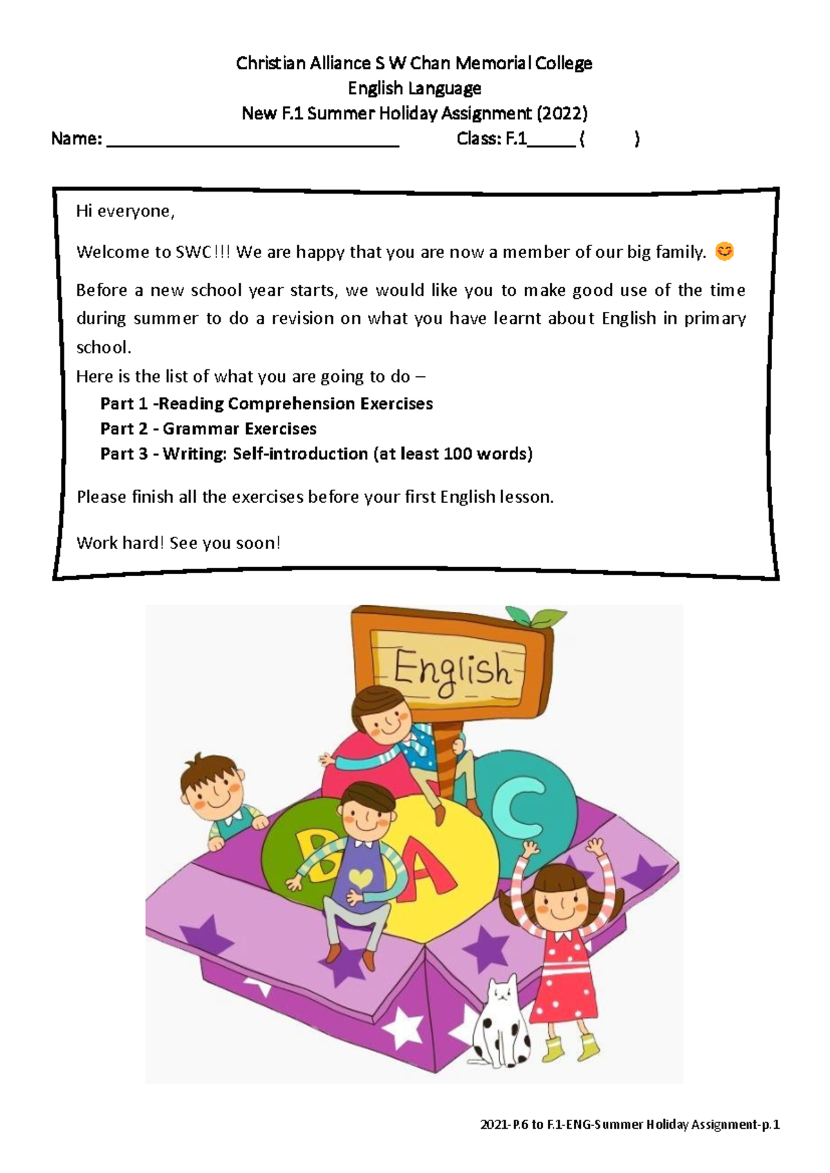 P6 to F1 reading comprehension - Christian Alliance S W Chan Memorial ...