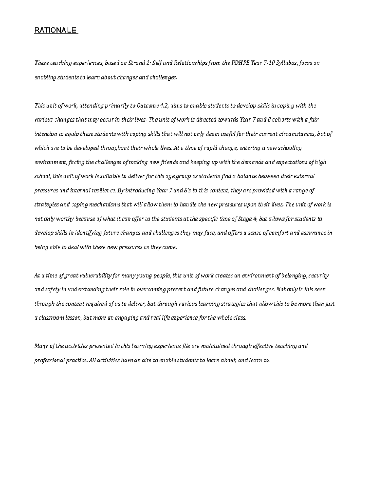 Changes and Challenges Lesson Plan 2 - RATIONALE These teaching ...