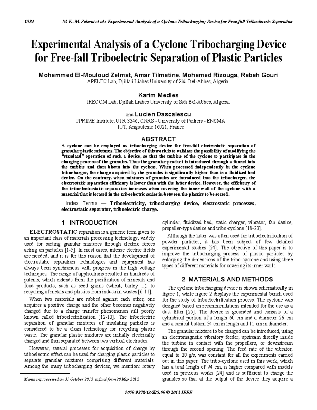 Experimental Analysis of a Cyclone Tribocharging Device - 1584 M. E.-M ...