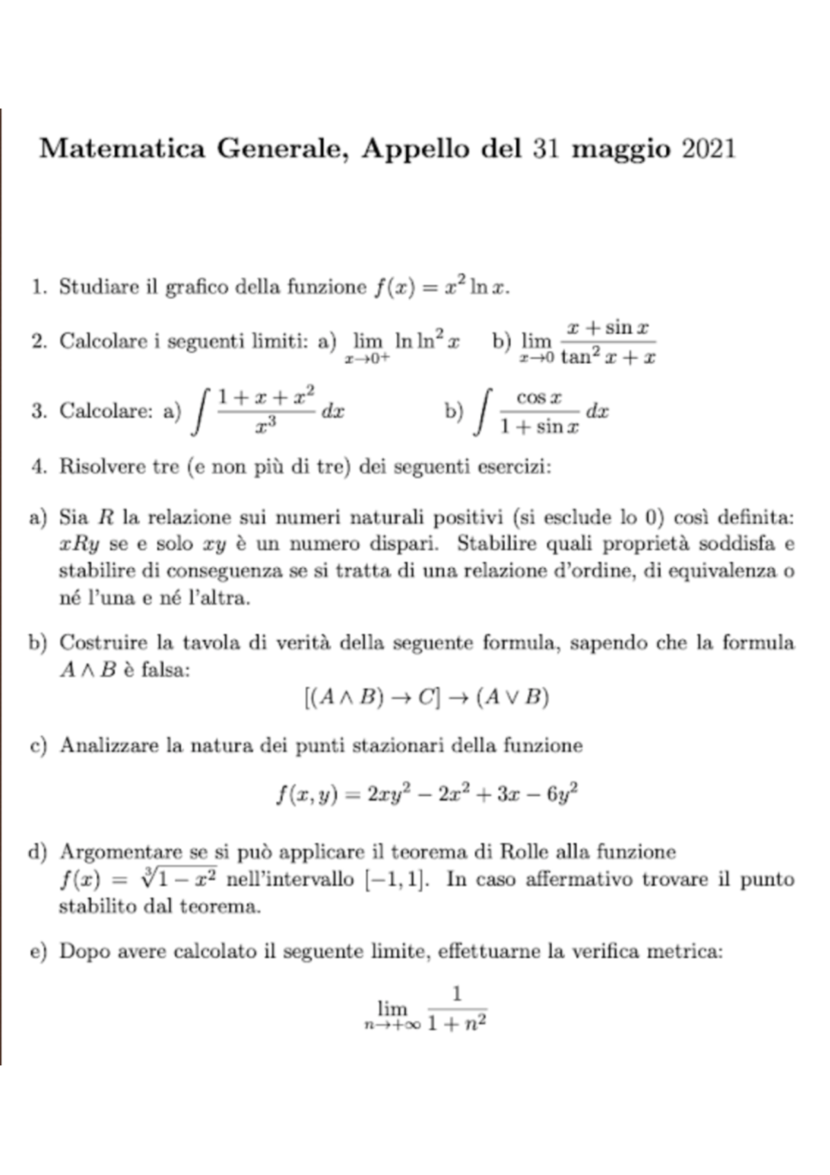 prova matematica generale 2 - Economia e commercio - Studocu