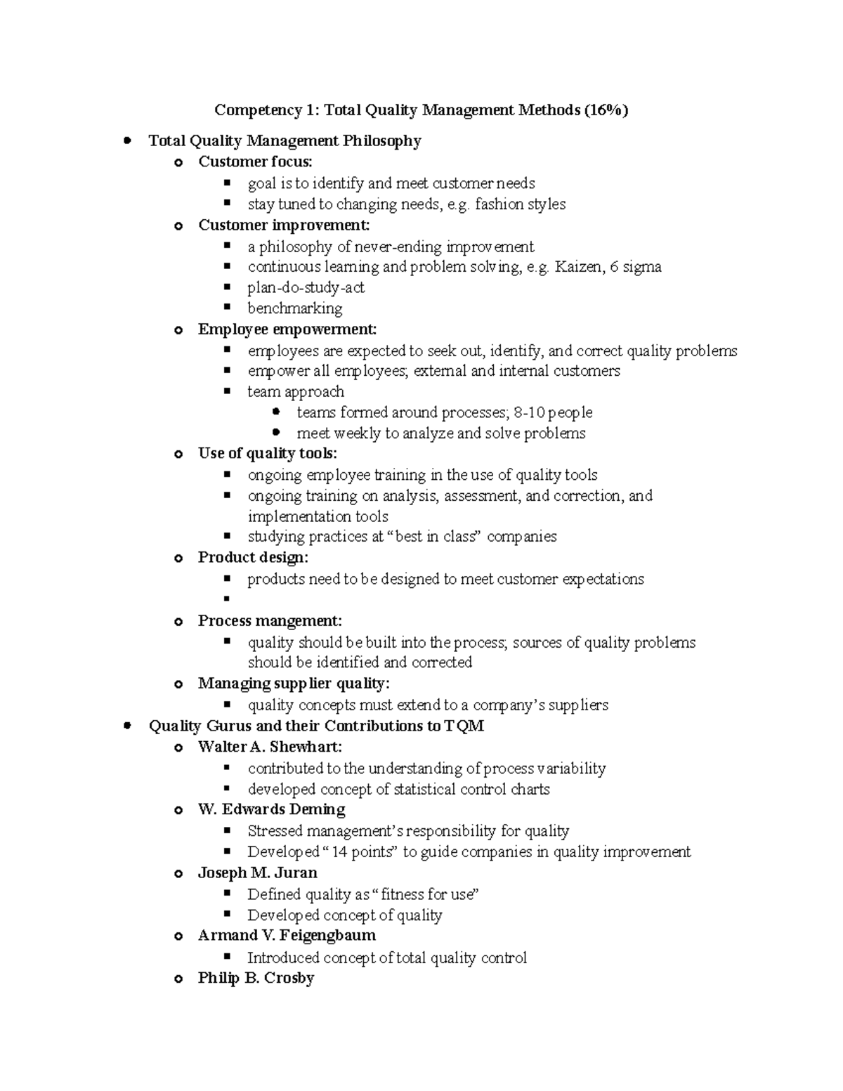 Operations management study guide - Competency 1: Total Quality ...