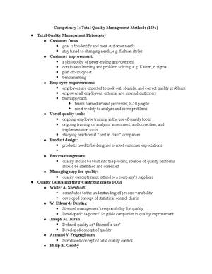 Operations management study guide - Competency 1: Total Quality ...