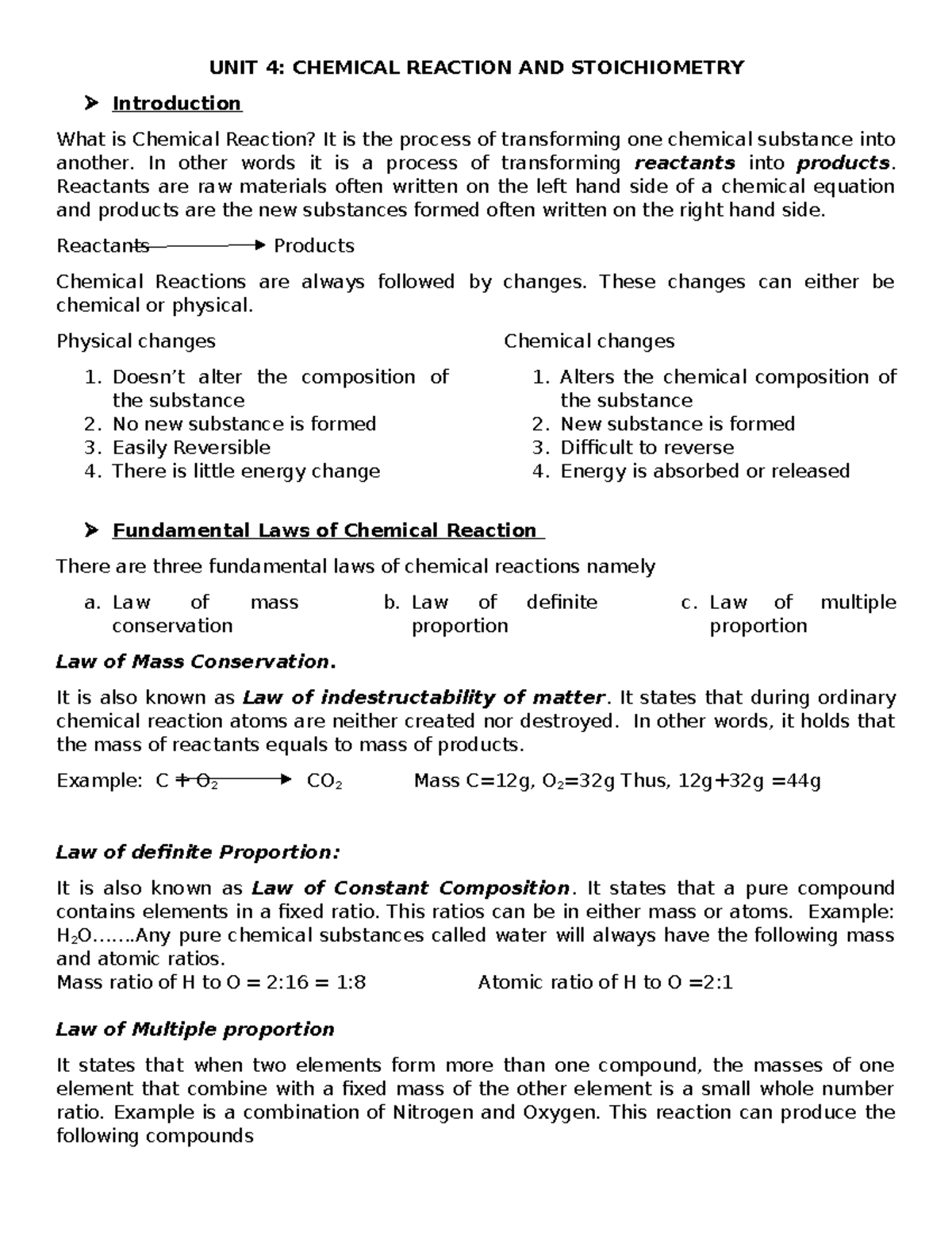 Unit 4. Chemistry Notes 9 - UNIT 4: CHEMICAL REACTION AND STOICHIOMETRY ...