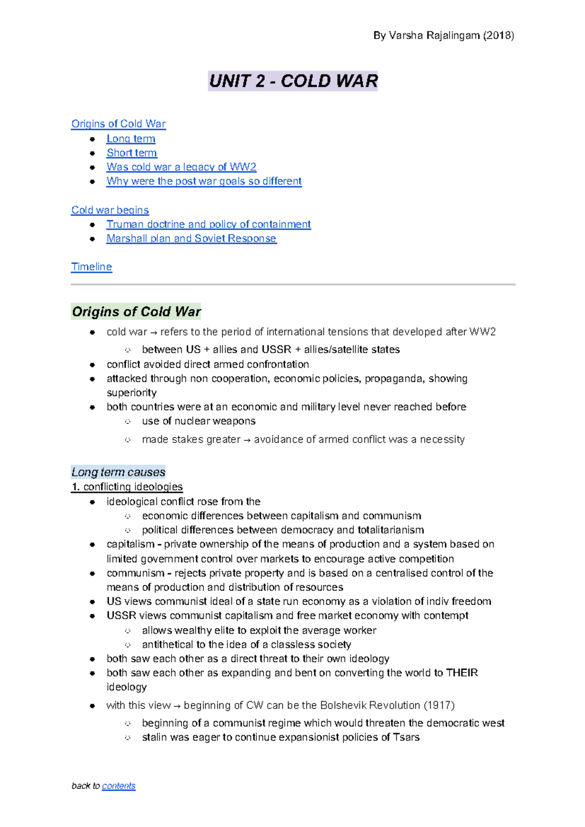 Cold war notes (y4) - UNIT 2 - COLD WAR Origins of Cold War Long term ...
