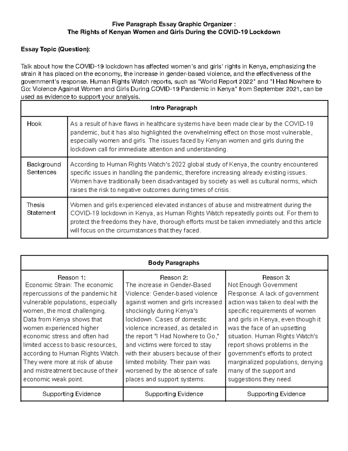 5Paragraph Essay Graphic Organizer - Human Rights Watch reports, such ...