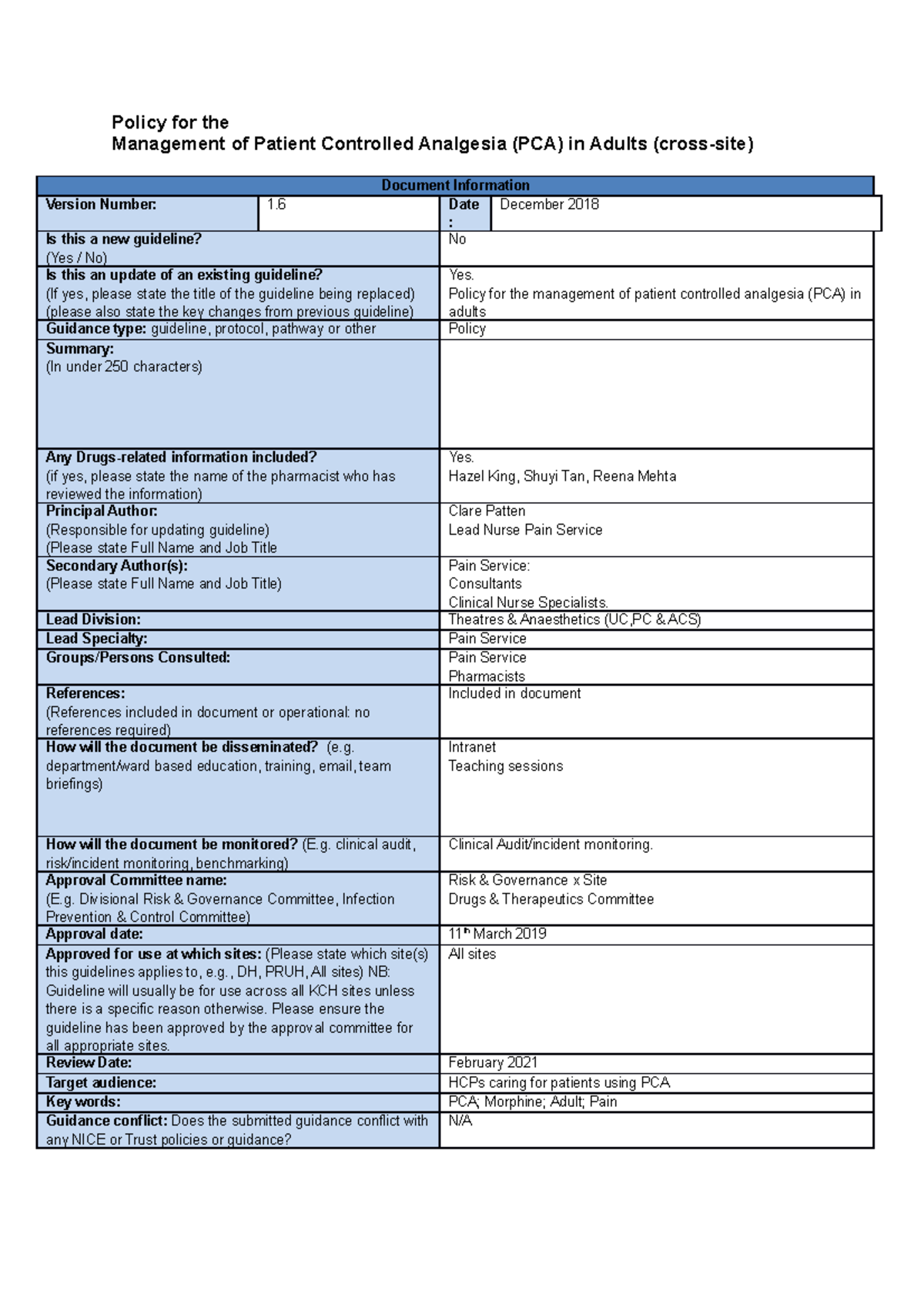 PCA 2018 - Explanation of patient controlled analgesia - Policy for the ...