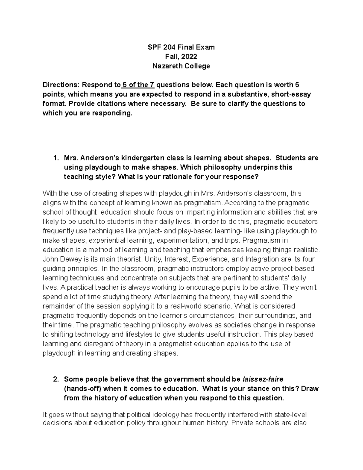SPF 204 Final Exam-3 - SPF 204 Final Exam Fall, 2022 Nazareth College ...