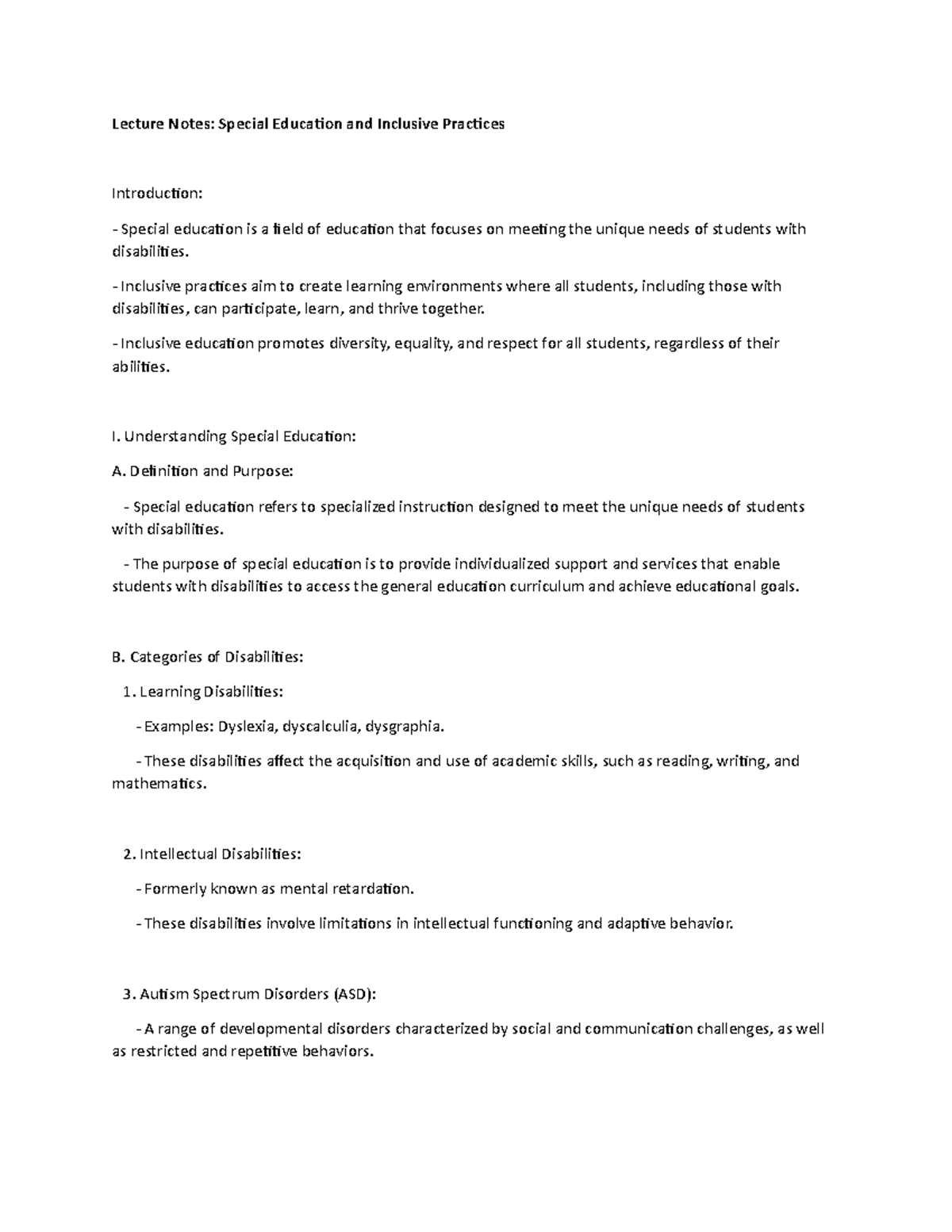 Lecture Notes: Special Education and Inclusive Practices - Lecture ...