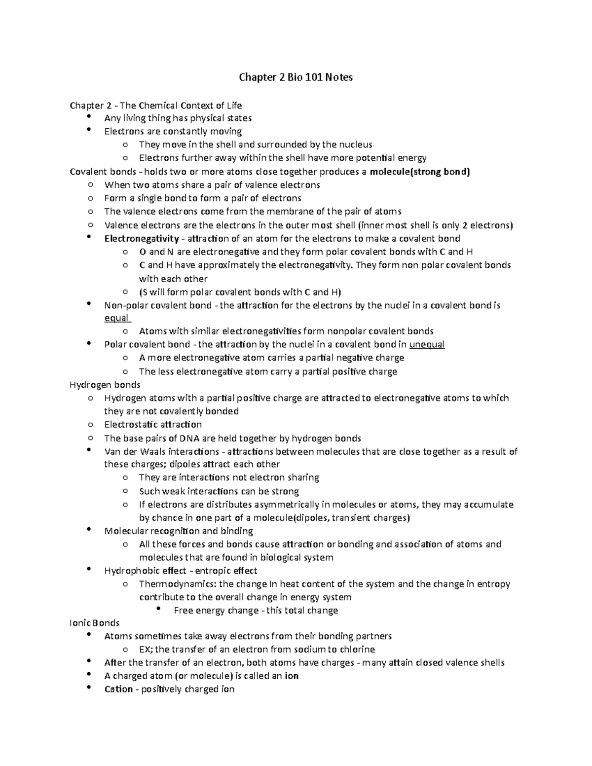 Chapter 2 Bio 101 notes - Dr Czako - Chapter 2 Bio 101 Notes Chapter 2 ...