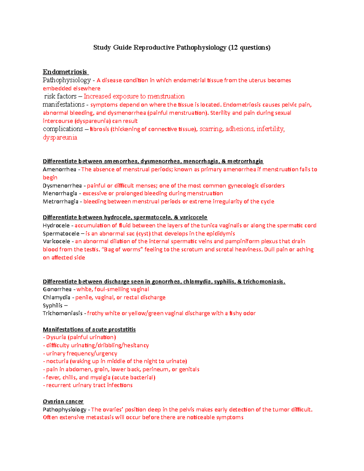 Study Guide Reproductive Pathophysiology - Endometriosis causes pelvic ...