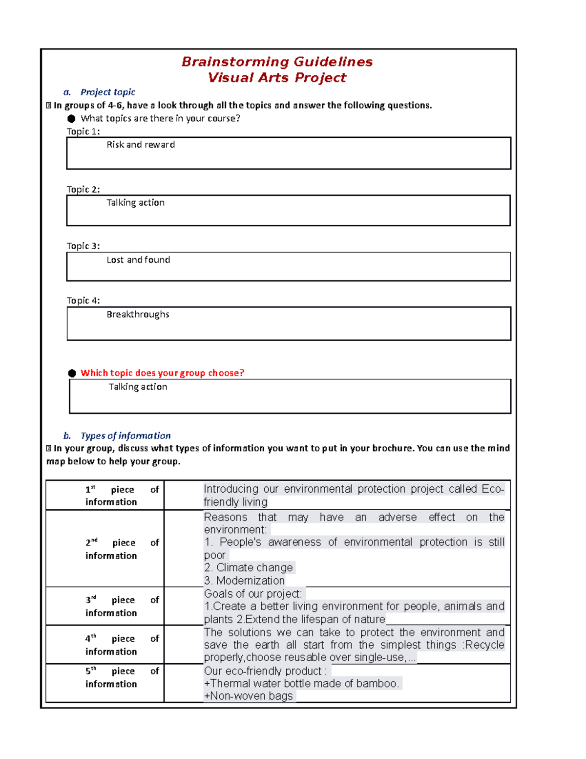 1 Brainstorming Guidelines Brainstorming Guidelines Visual Arts Project A Project Topic 💡 In