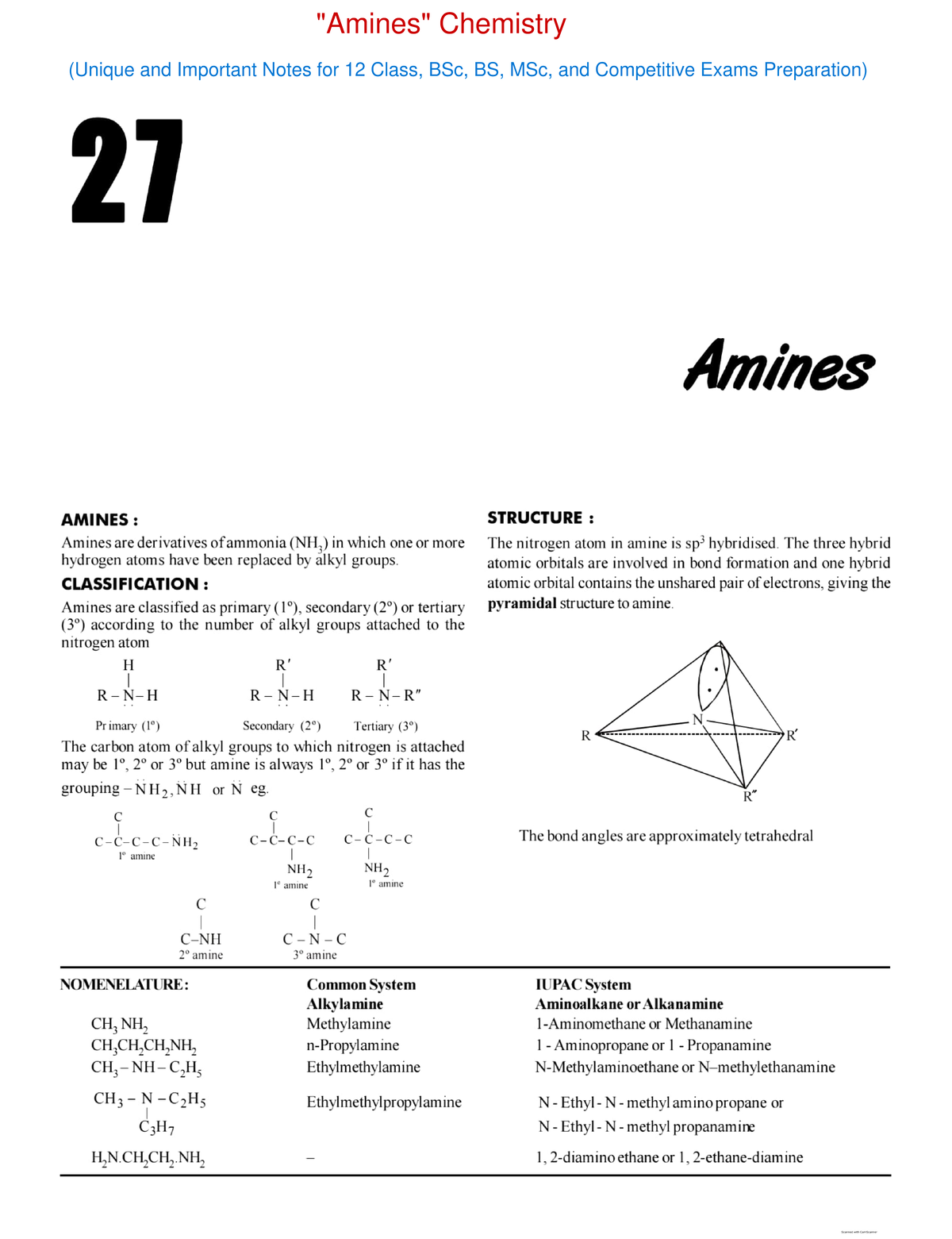Amines Chemistry Unique and Important Notes for 12 class, BSc, BS ...