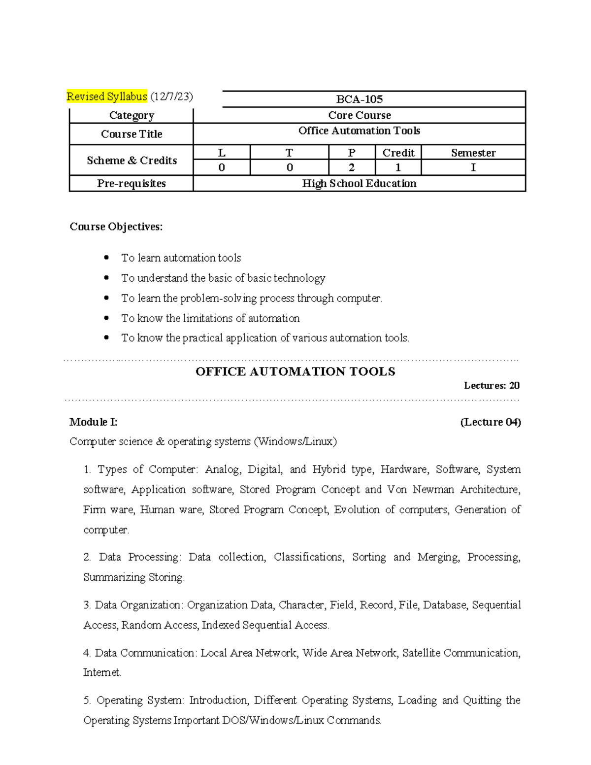 Revised Syllabus BCA - 105 Office Automation Tools - Course Code BCA ...