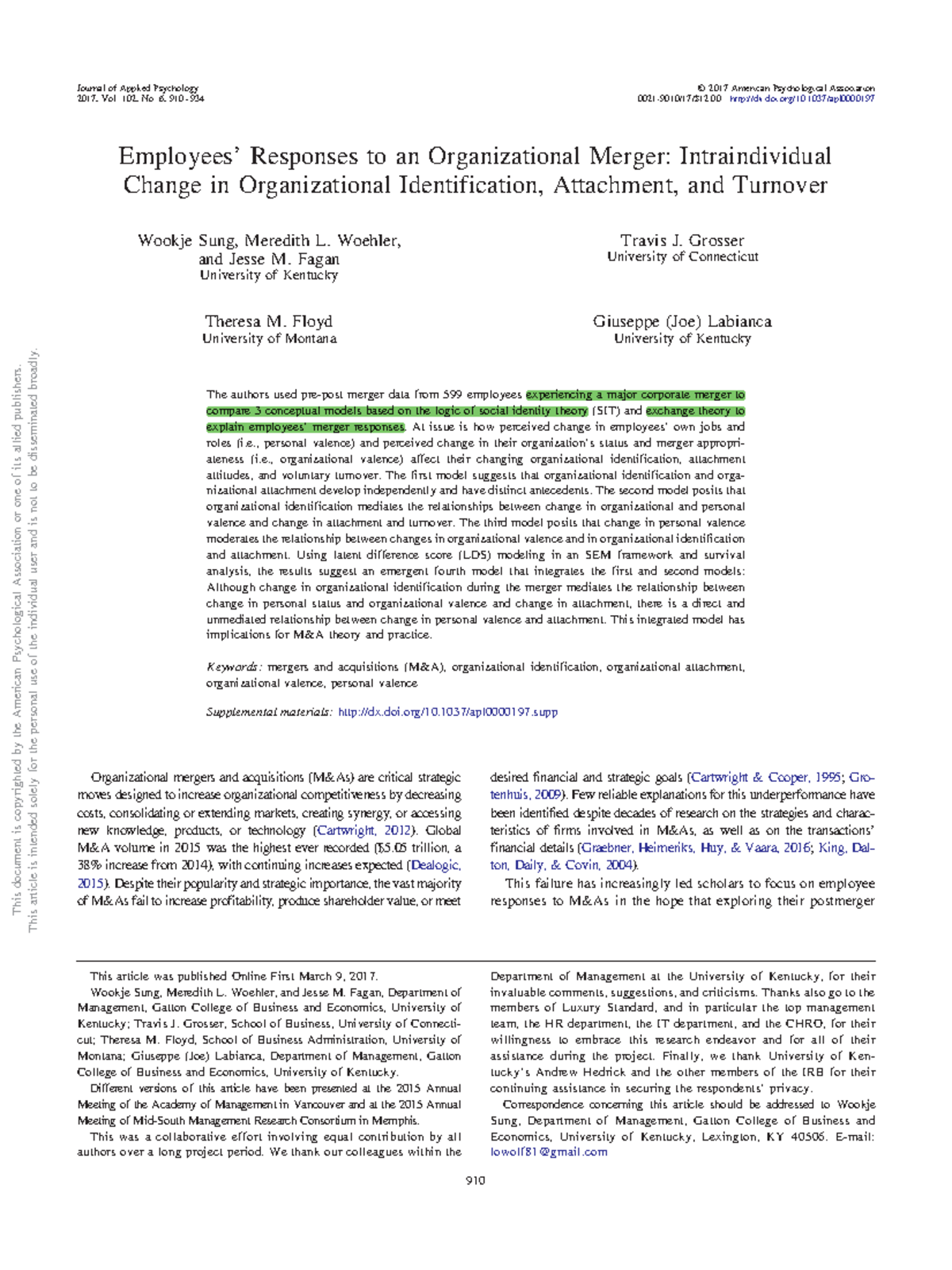 Organizational Change Merger Success - Employees’ Responses to an ...
